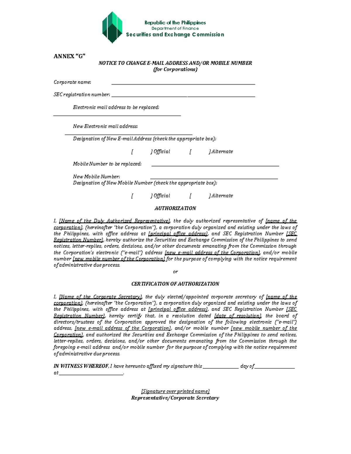 Annex G MC 28 - Notice to Change Email & Mobile for Corporations - Studocu