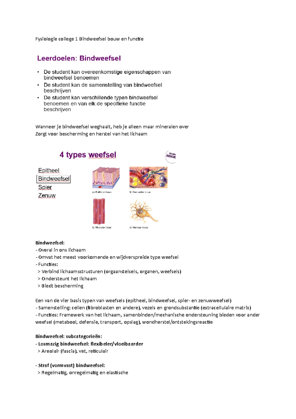 Fysiologie College 1: Bouw en Functie van Bindweefsel - Studeersnel