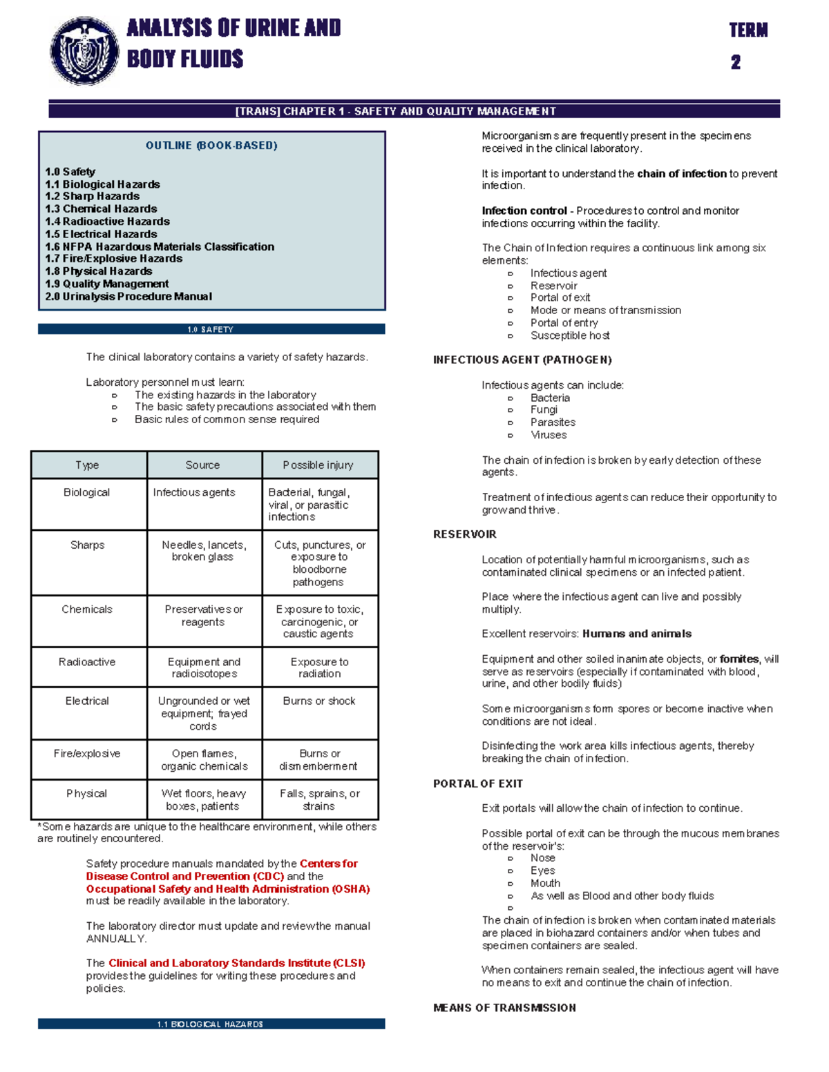 AUBF 2: Safety and Quality Management in Urinalysis - Studocu