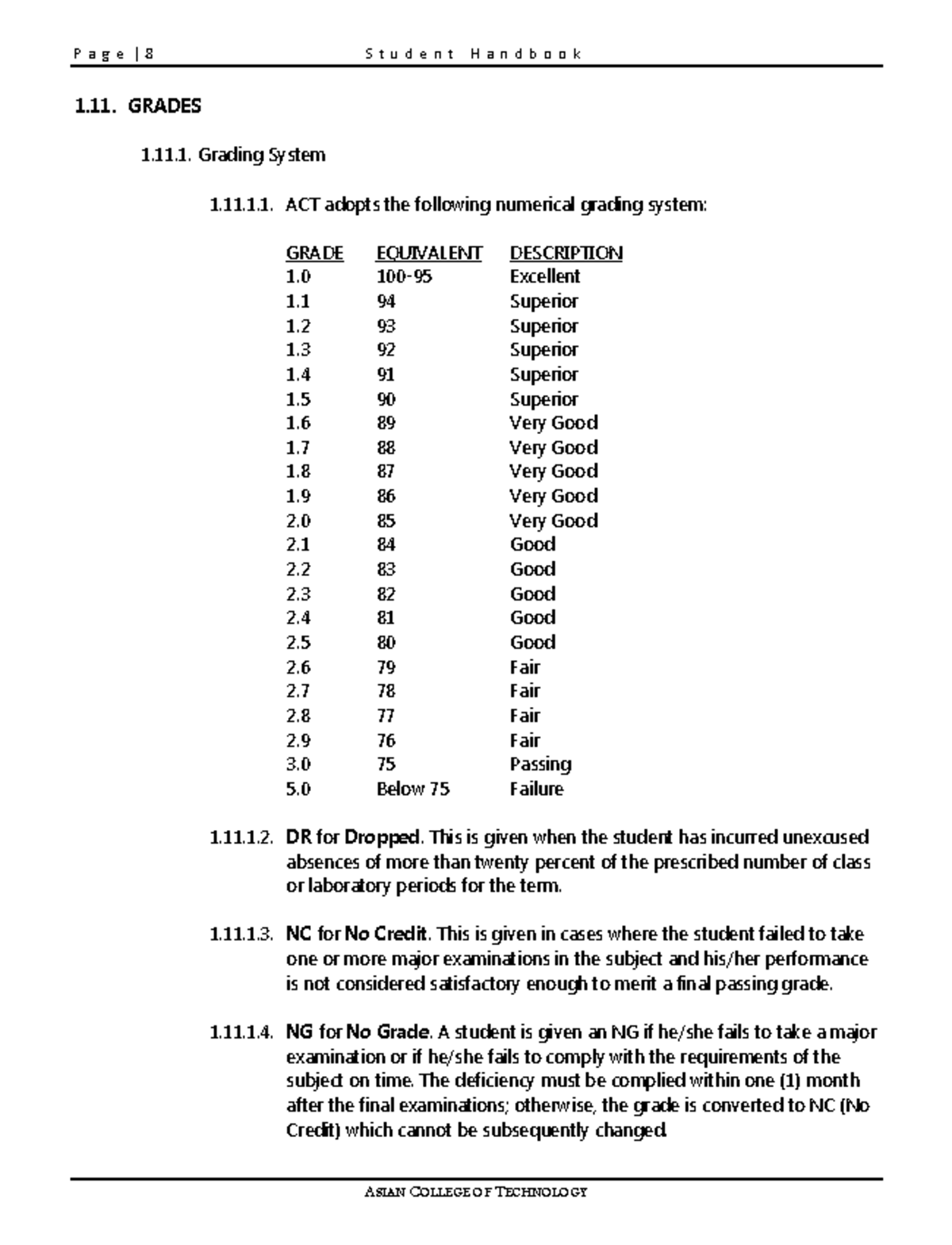 ACT Grading System Overview and Student Handbook Guidelines - Studocu