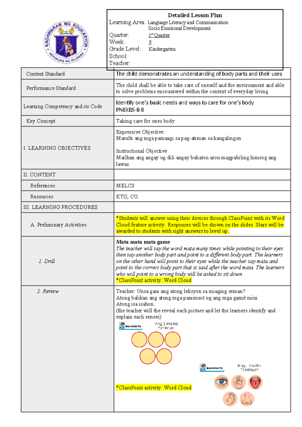 DLP PNEKBS-Ii - Q1 WEEK 9 - HEALTHY BODY LESSON PLAN - Studocu