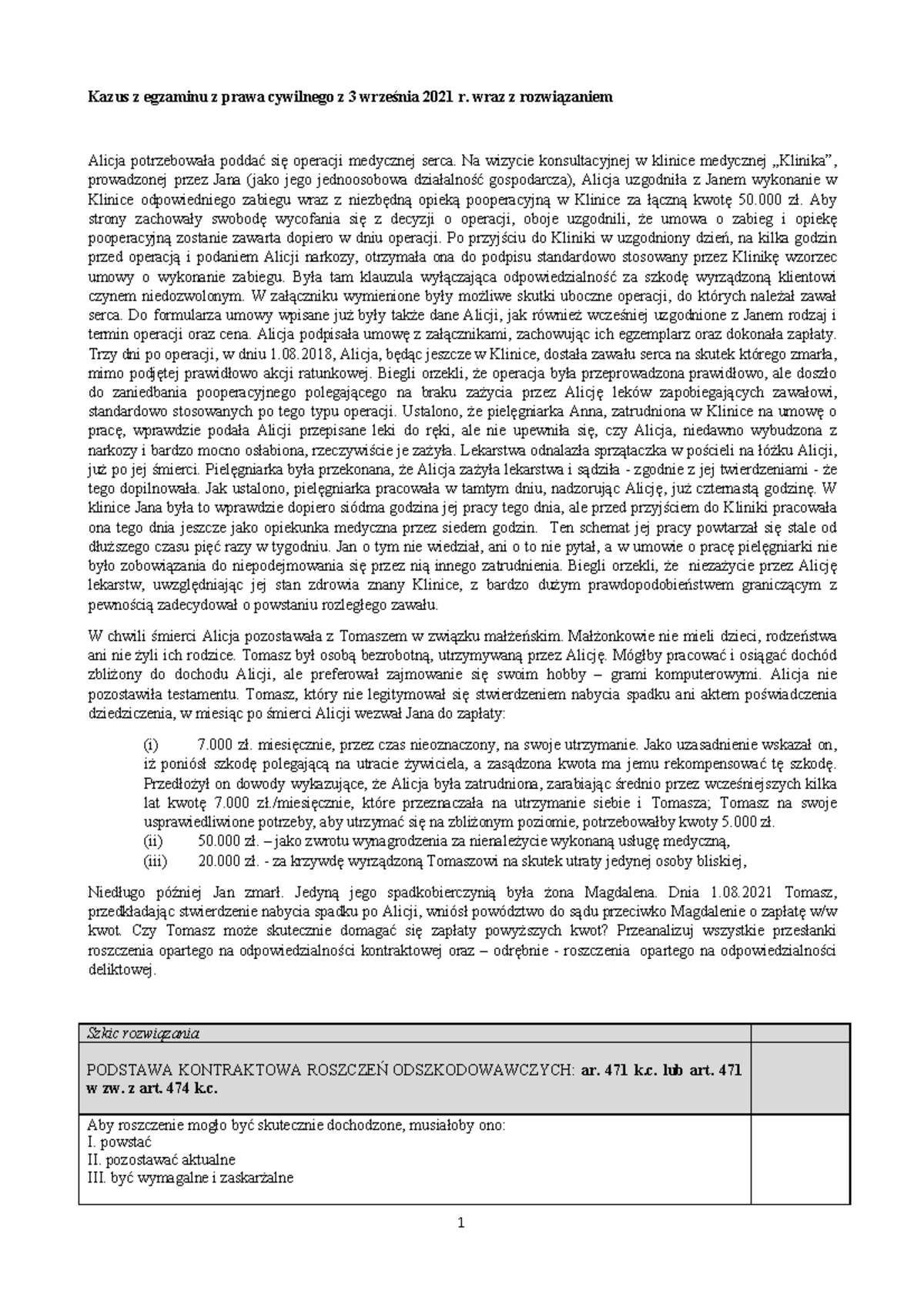 Kazus z 3.9.2021 r. wraz z rozwiązaniem - Kazus z egzaminu z prawa ...