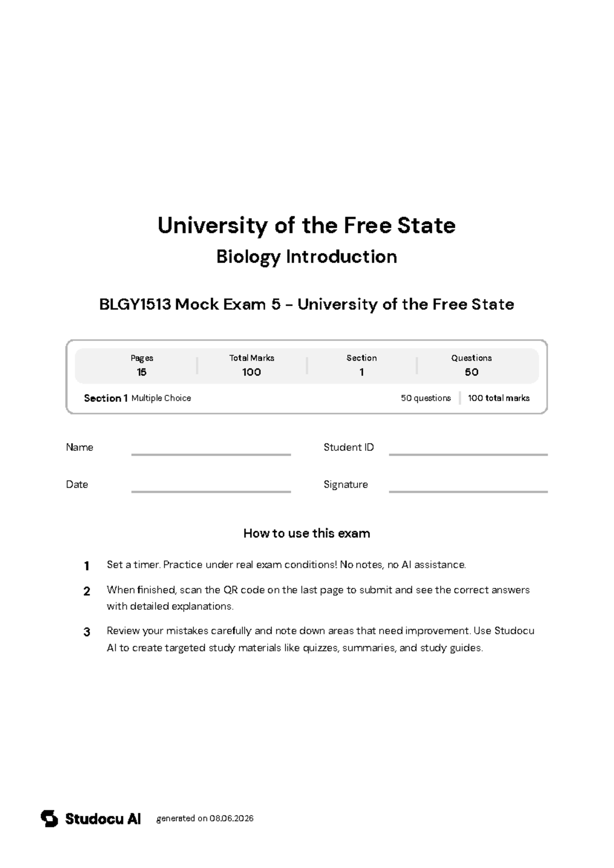 BLGY1513 Mock Exam 5 - University of the Free State - Studocu