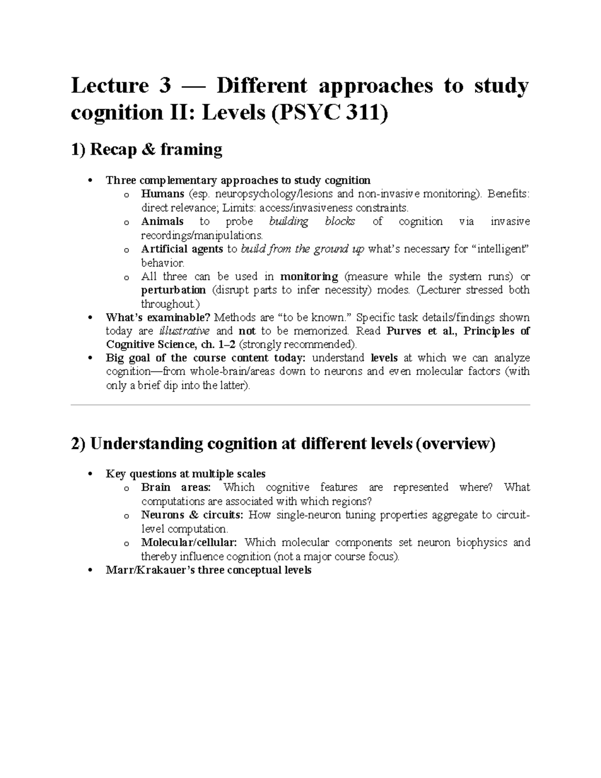 Lecture 3: Approaches to Study Cognition II - Levels (PSYC 311) - Studocu