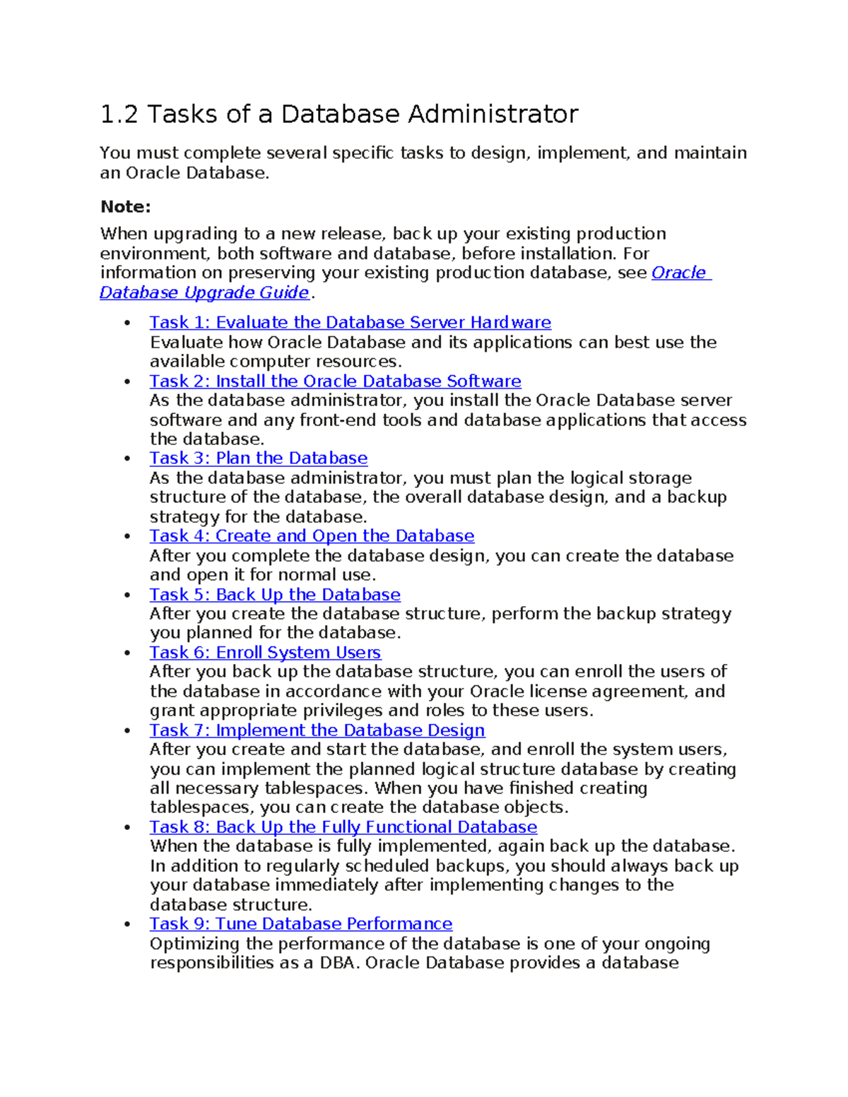 Tasks of a Database Administrator - Note: When upgrading to a new ...