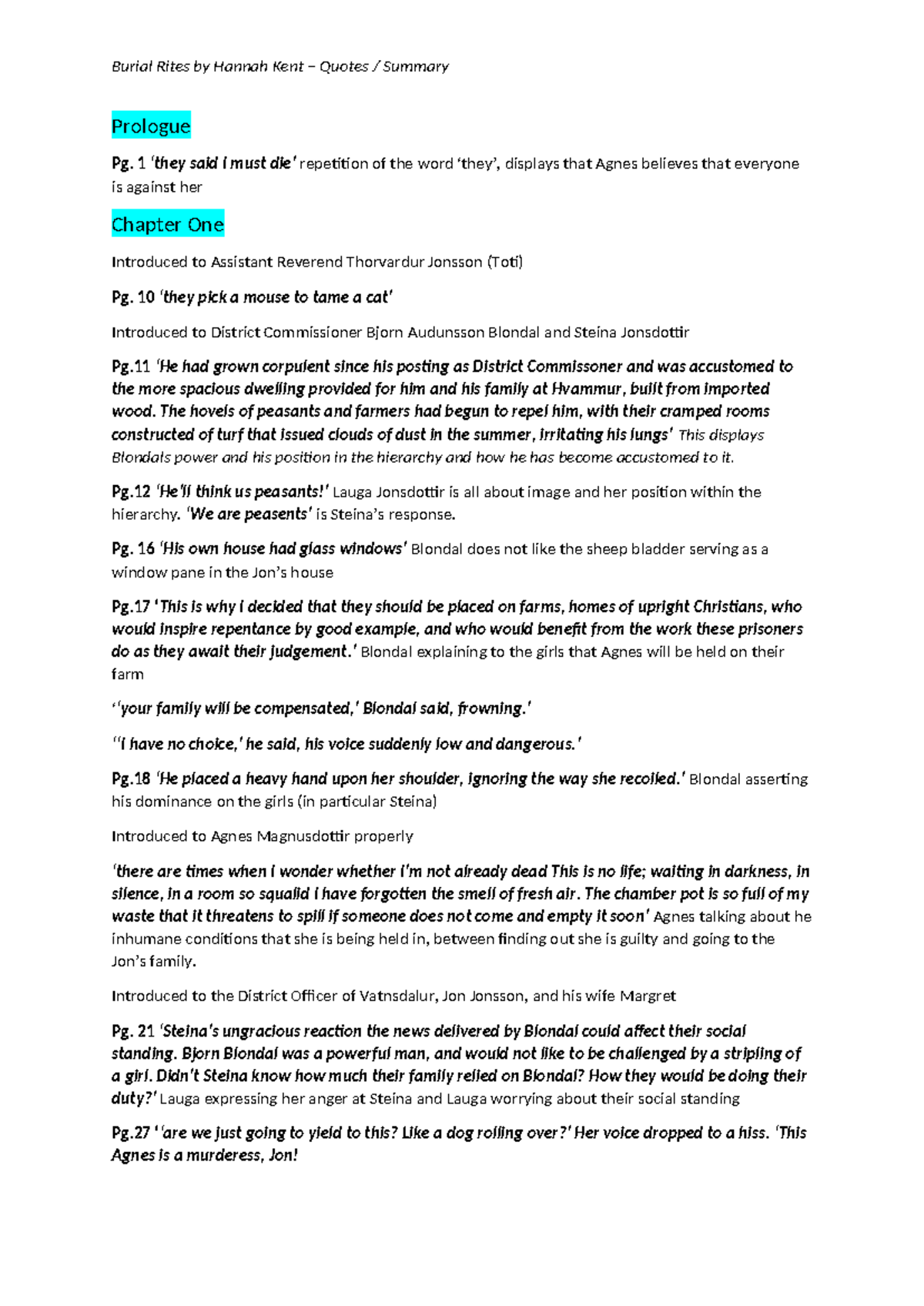 Burial Rites (Hannah Kent) Quotes & Summary Analysis - Studocu