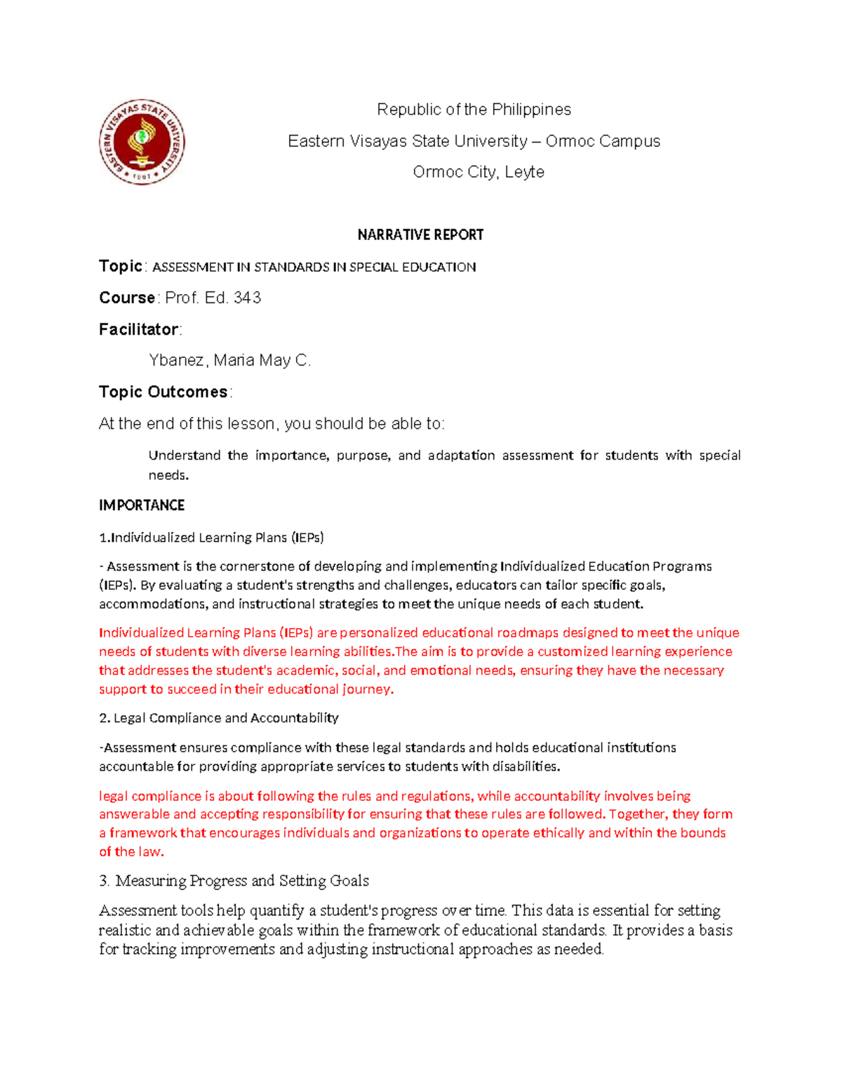 Narrative Report on Assessment Standards in Special Education (Prof. Ed ...