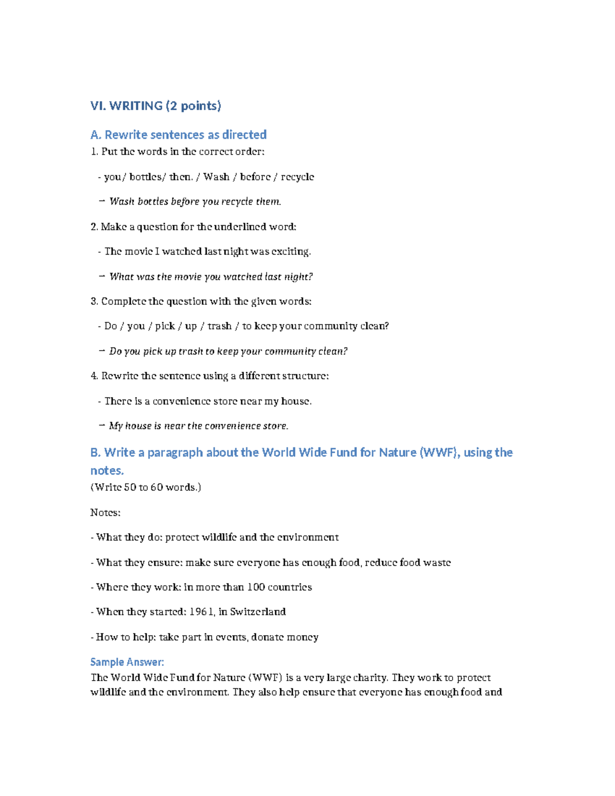WWF Writing Test: Sentence Structuring & Paragraph Writing Exercise ...
