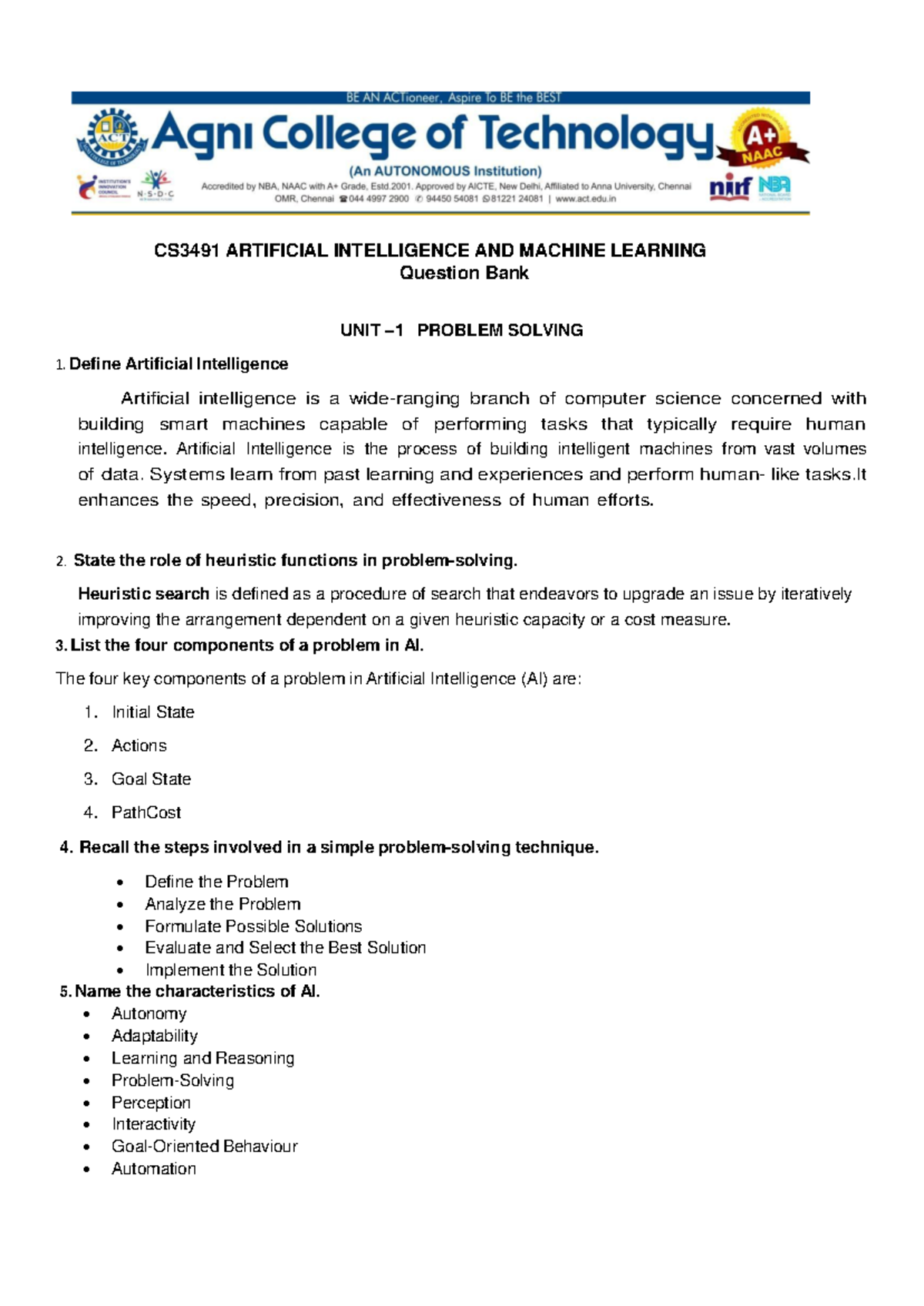 AIML QB ALL 5 Units WITH Answers - CS3491 ARTIFICIAL INTELLIGENCE AND ...