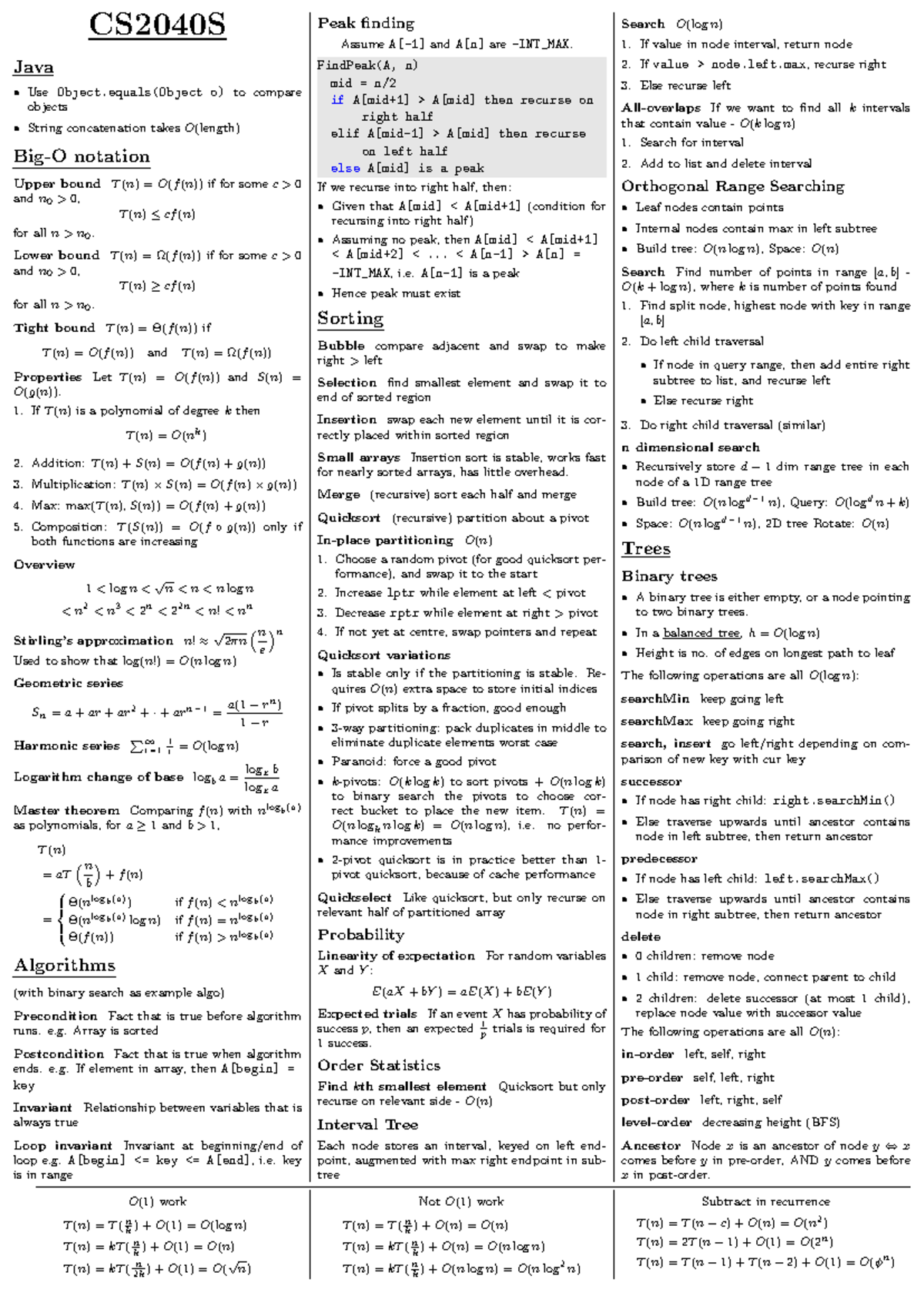 CS2040S Peak Finding and Search Algorithms - Midterm Notes - Studocu