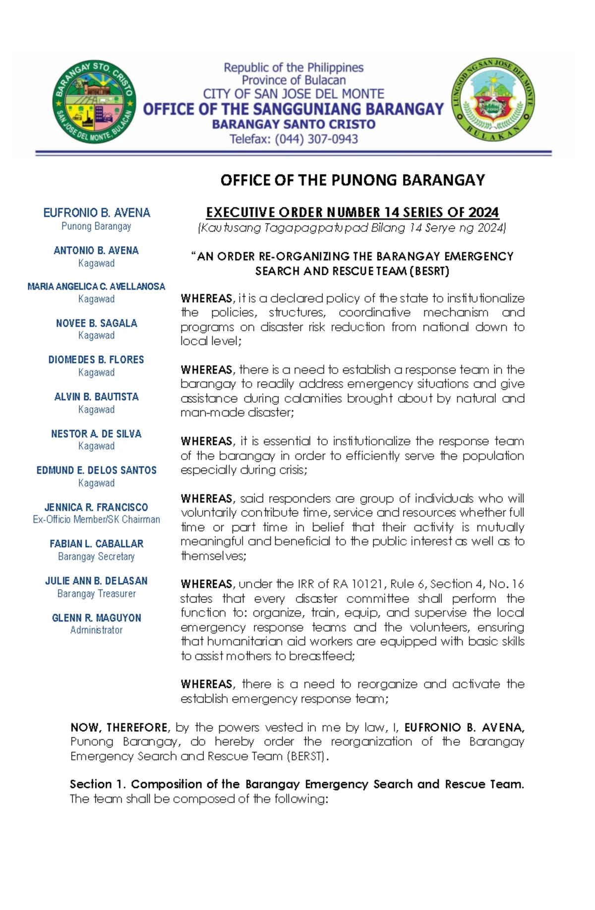 EO 19: Creation of Barangay Task Force for ELCAC 2024 - Studocu