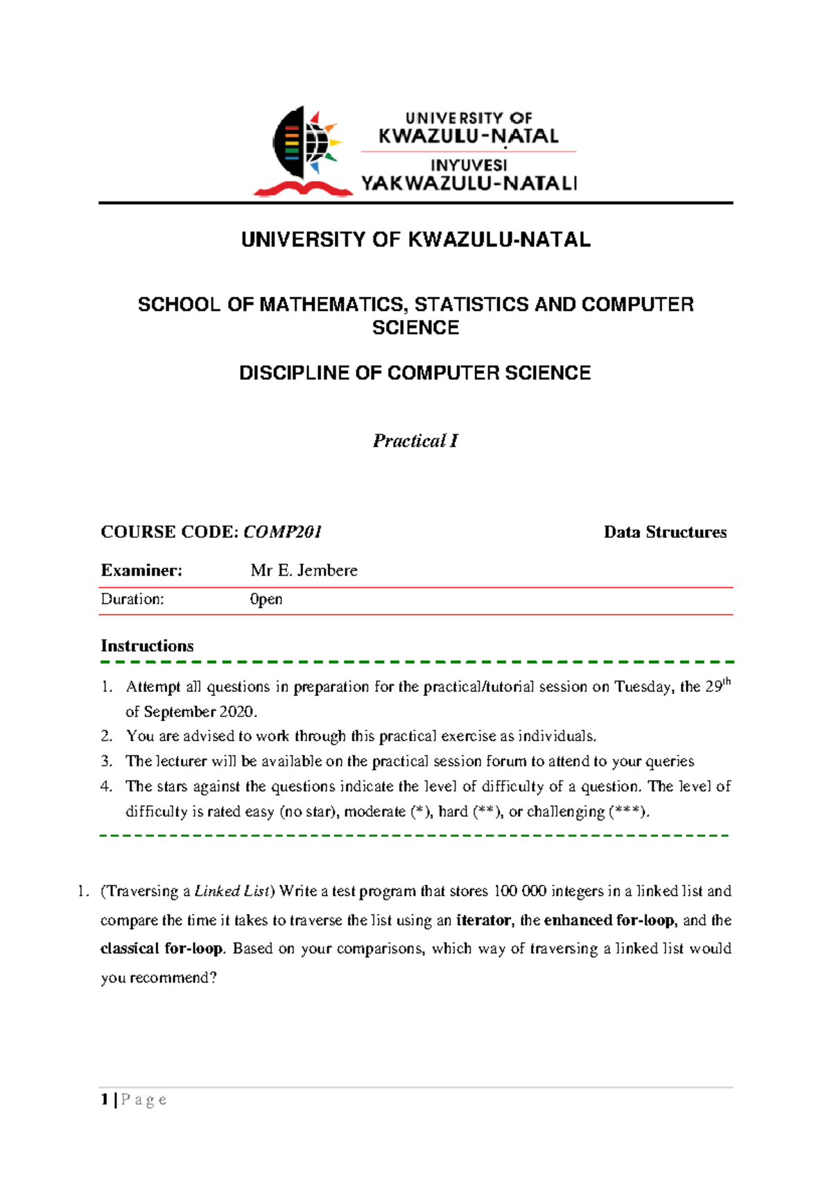 Practical I: Data Structures COMP201 - Linked List Traversal Analysis - Studocu