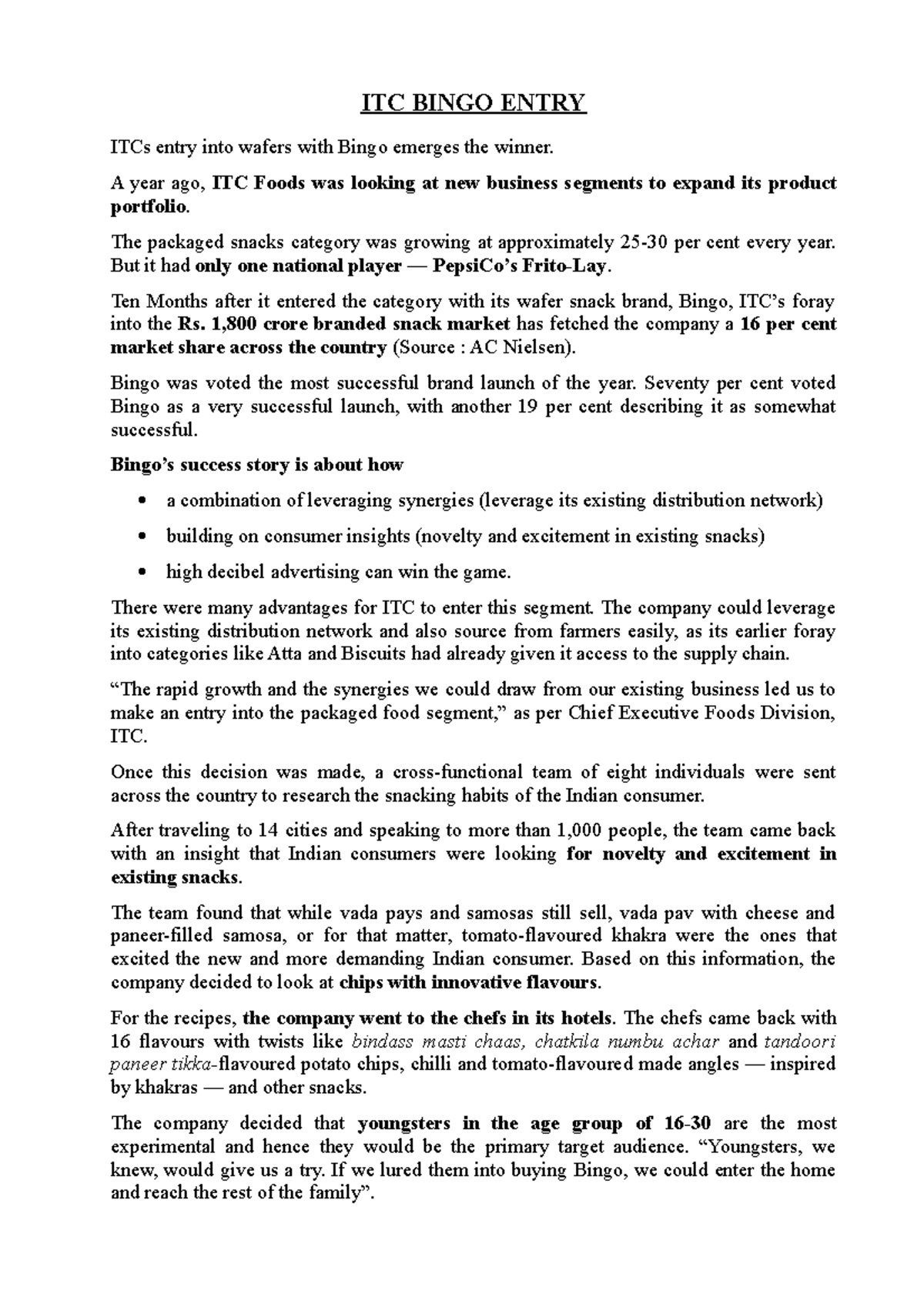 ITC Case Study: The Successful Launch of Bingo Snacks - Studocu