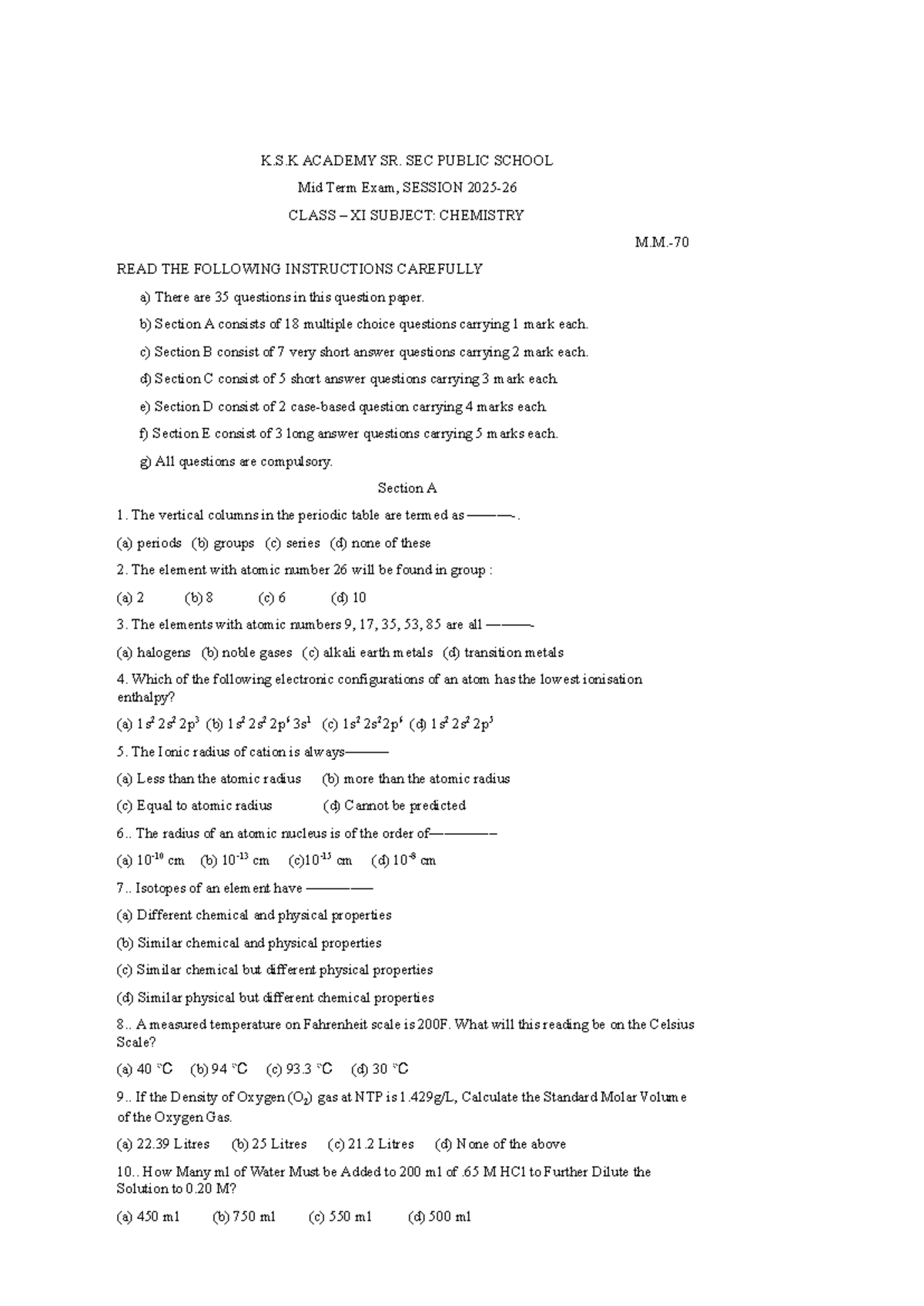 Chemistry XI Mid Term Exam Instructions and Question Paper - Studocu