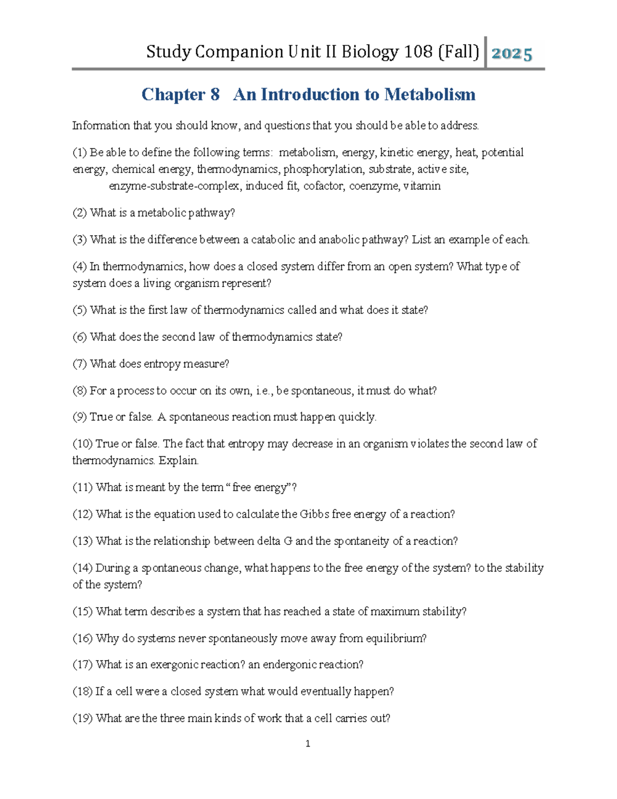 Study Companion for Biology 108 Unit II: Metabolism & Cellular ...