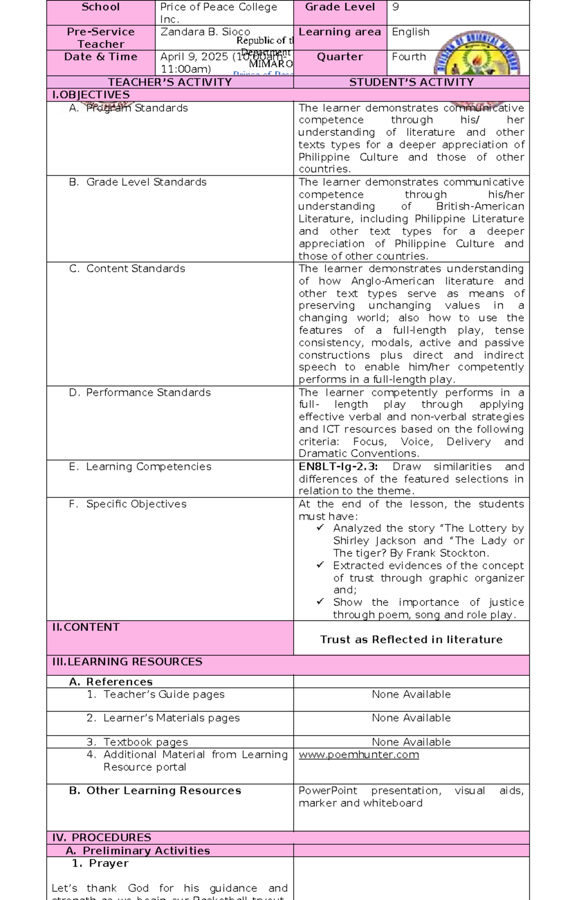 Grade 9 English Lesson Plan: Trust in Literature (April 2025) - Studocu