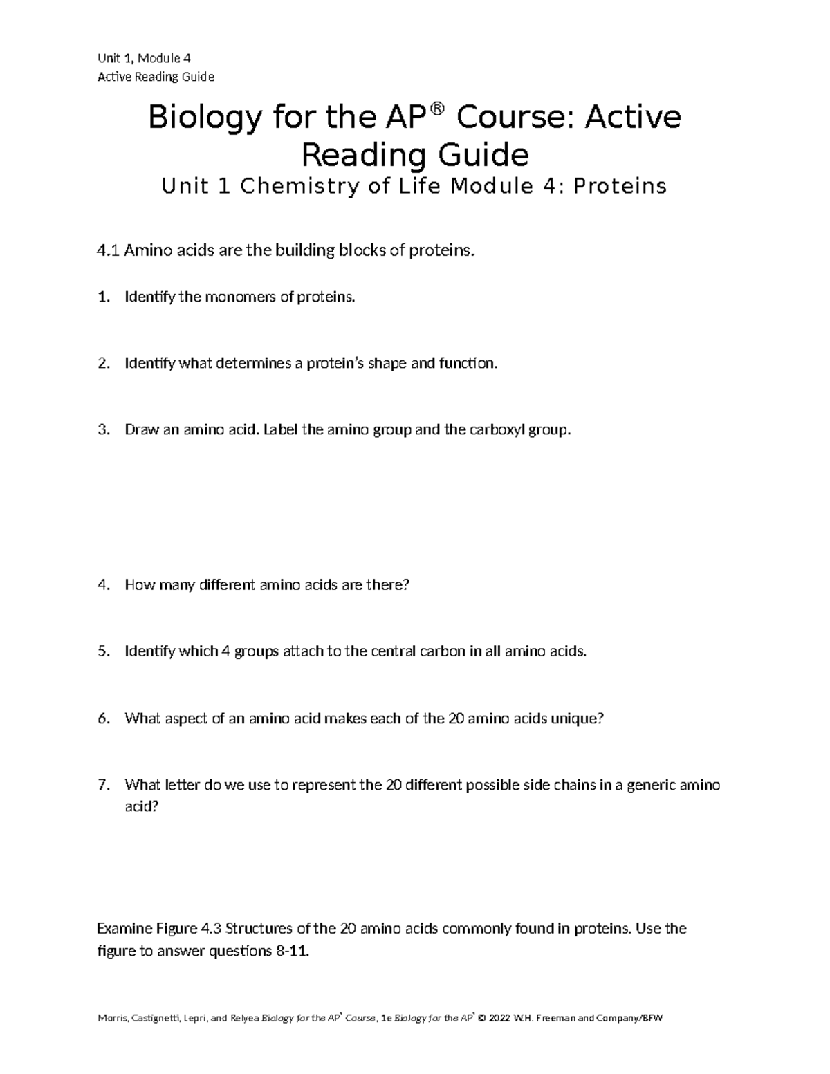 Unit 1, Module 4 Active Reading Guide: Chemistry of Life - Proteins ...