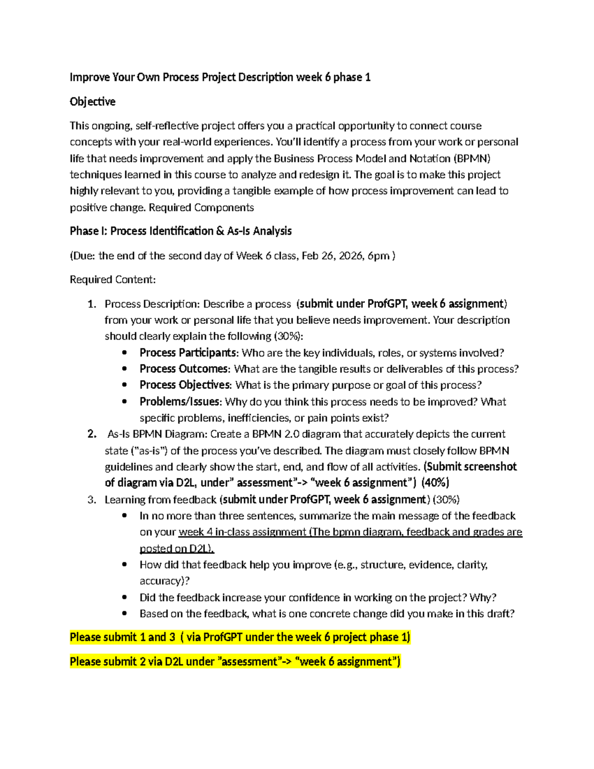BPMN Process Improvement Project Description - Week 6 Phase 1 - Studocu