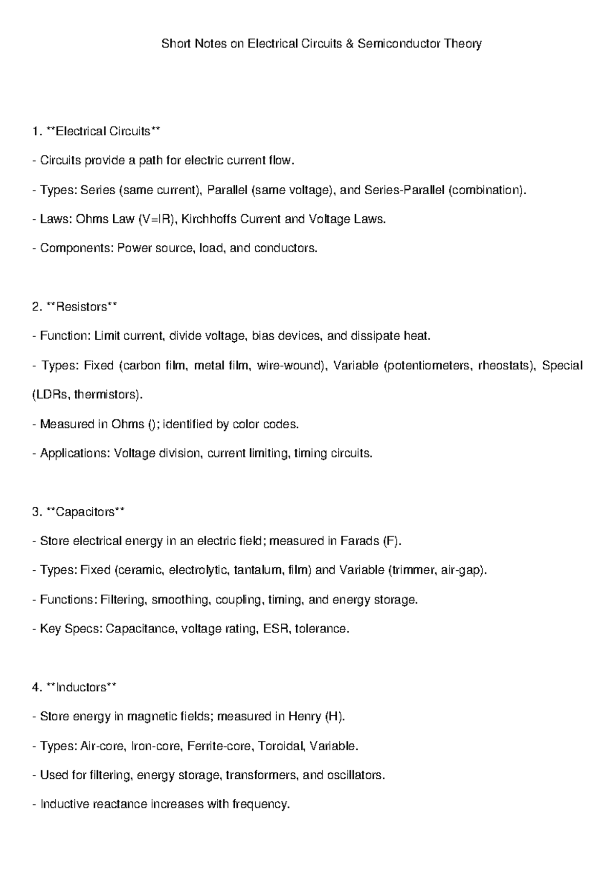 Short Notes on Electrical Circuits & Semiconductors (Theory 1) - Studocu