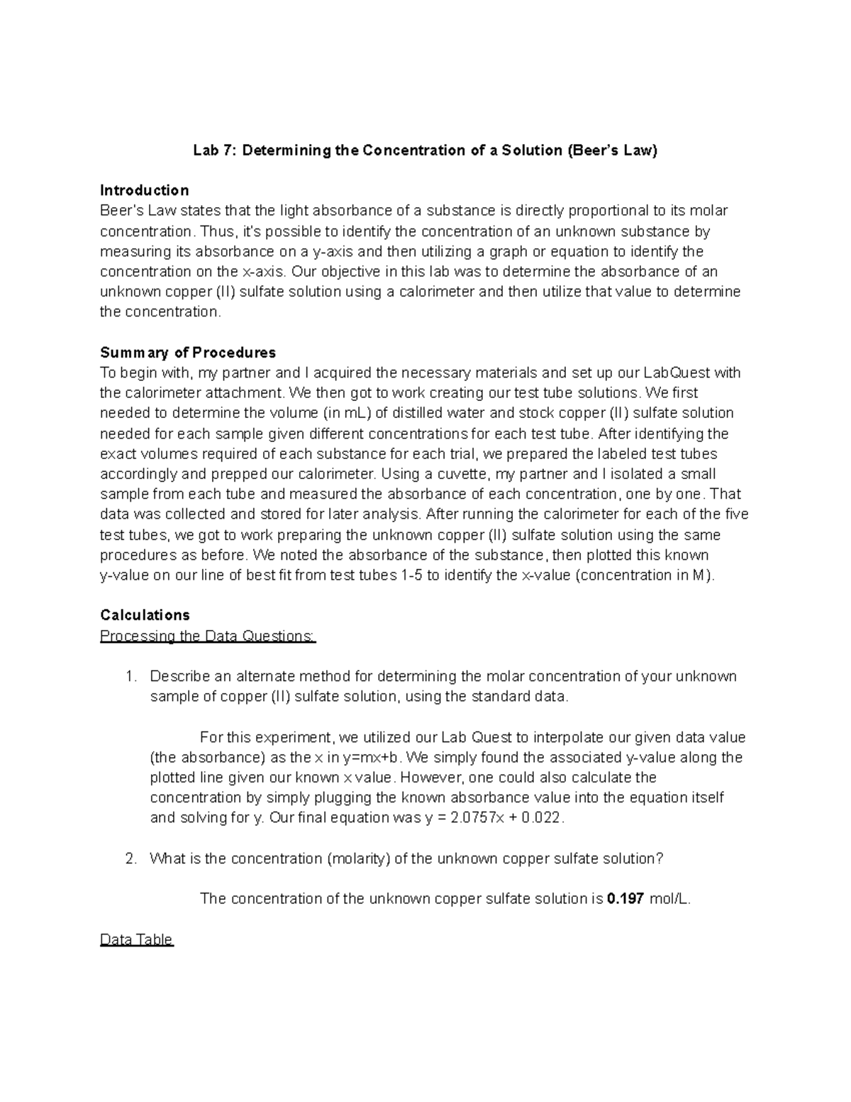 Chemistry 101: Lab 7 Report on Solution Concentration (Beer’s Law ...