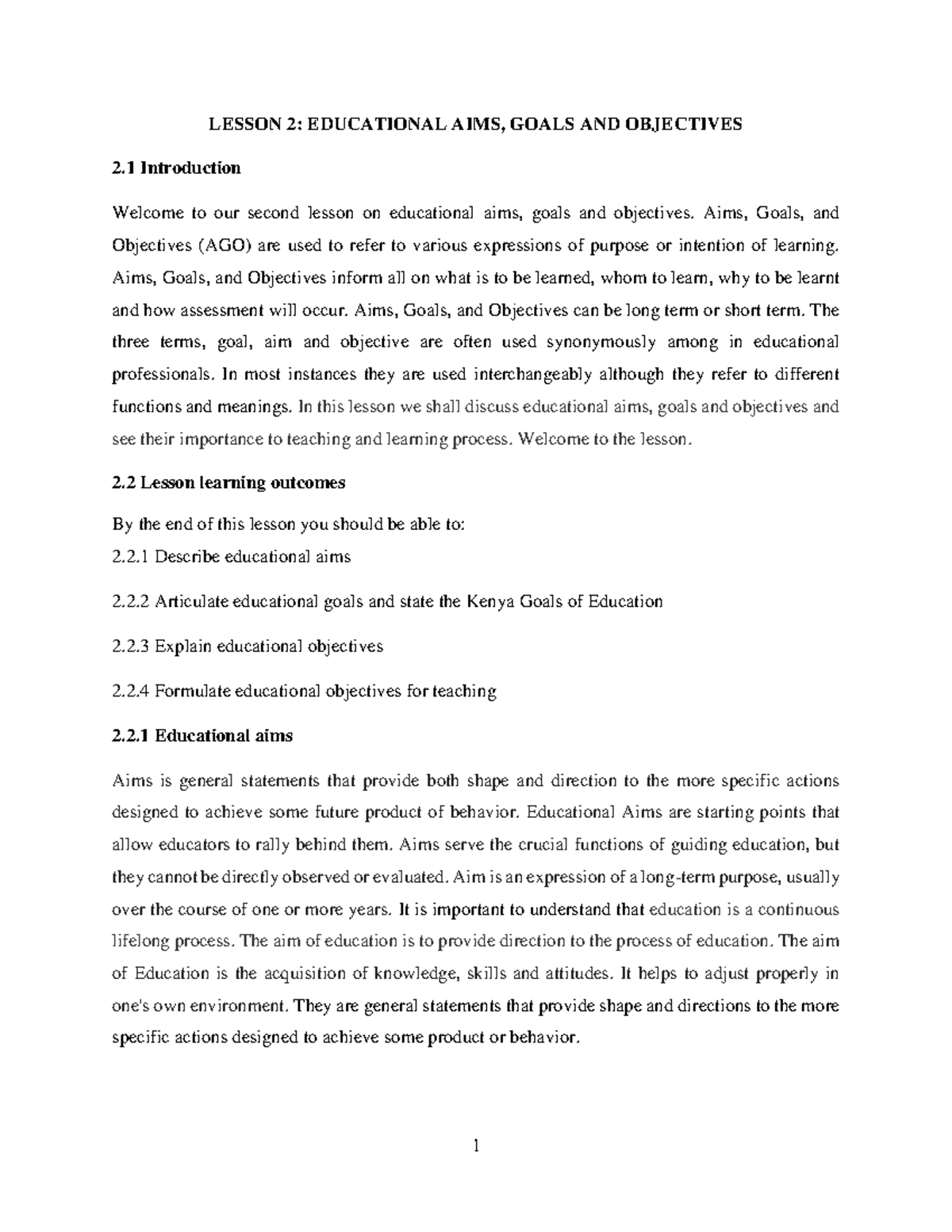 LESSON 2: EDUCATIONAL AIMS, GOALS, AND OBJECTIVES - Studocu