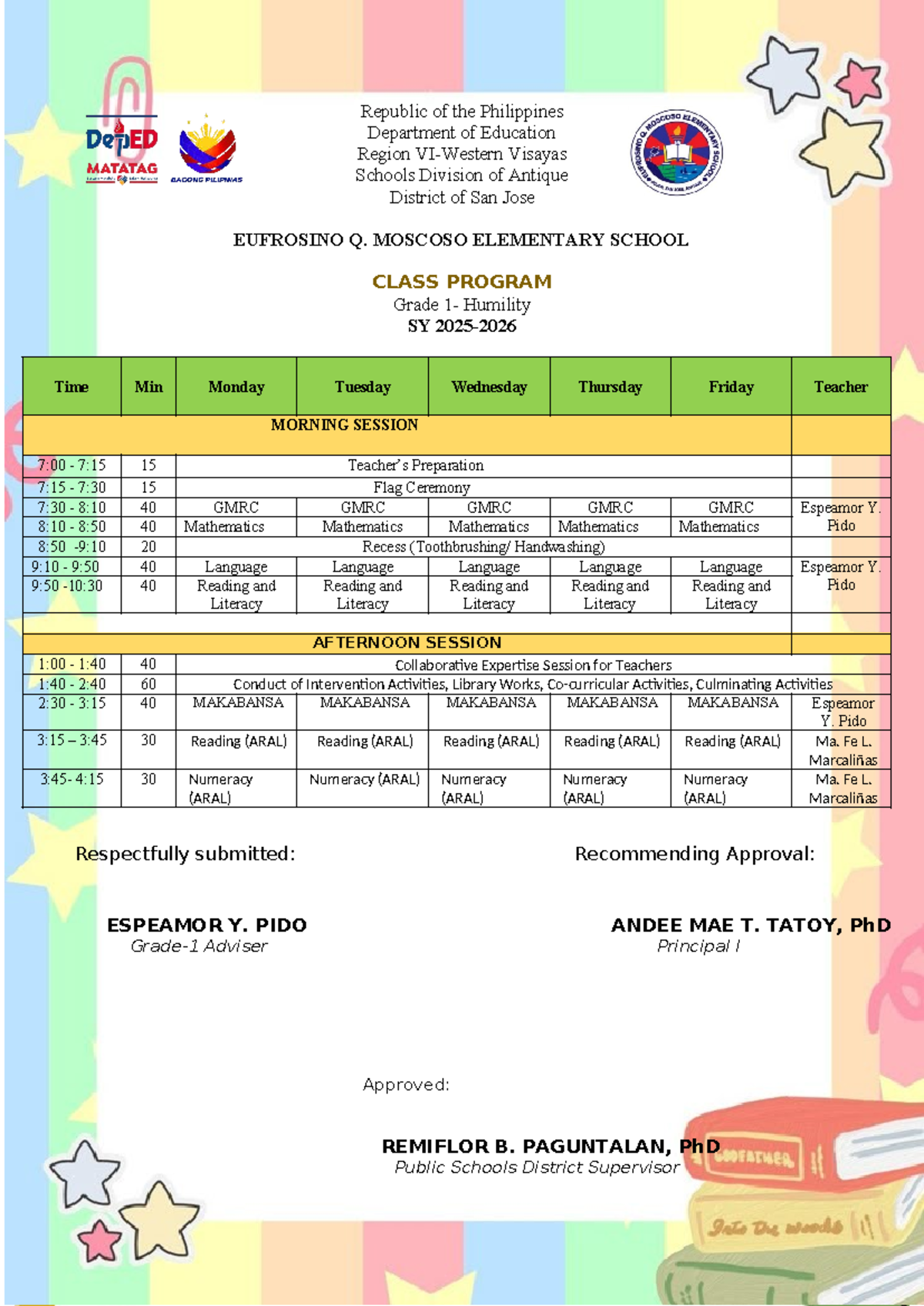 Class Program 2025-2026 for Grade 1 at EUFROSINO Q. MOSCOSO ELEMENTARY ...