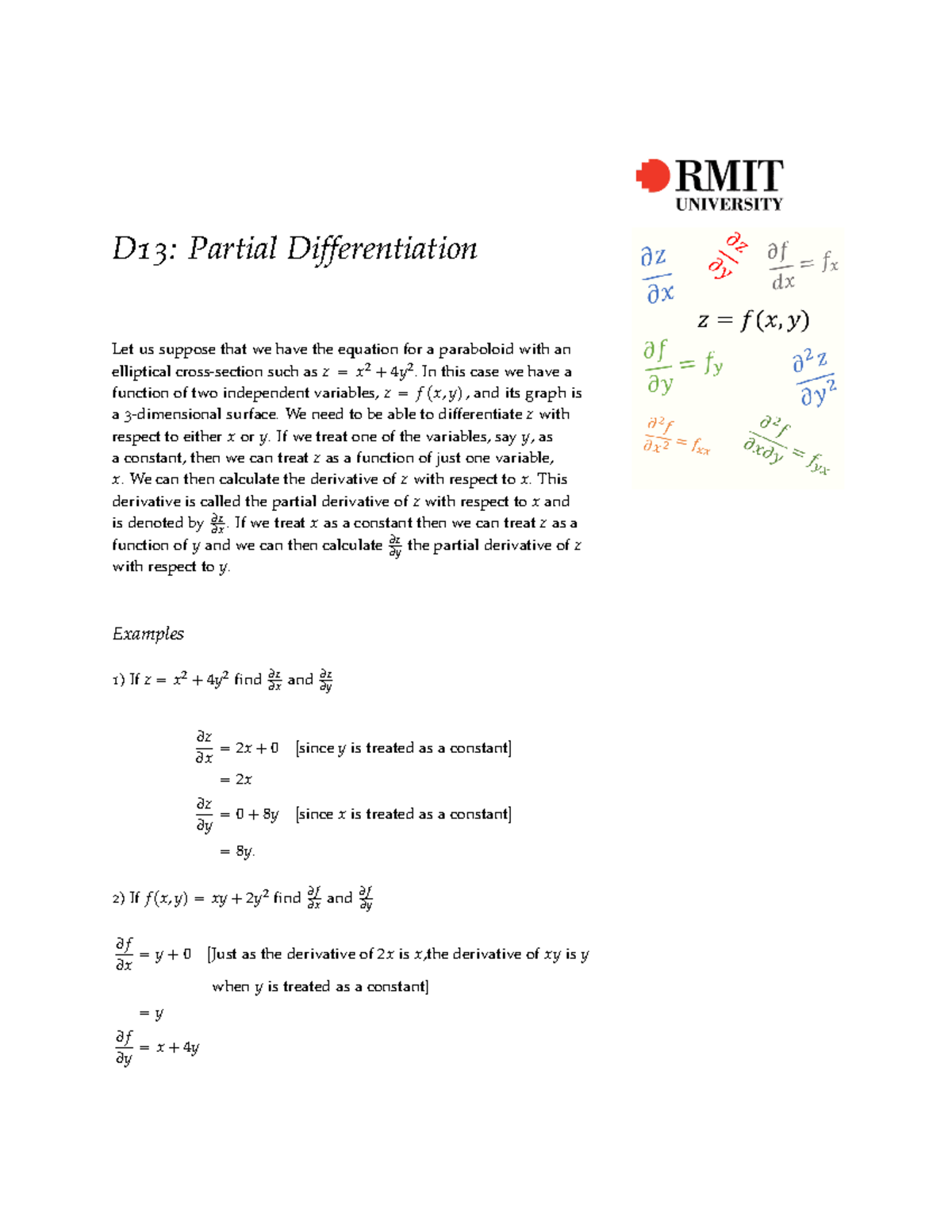 Partial Differentiation D13: Understanding Functions of Two Variables ...