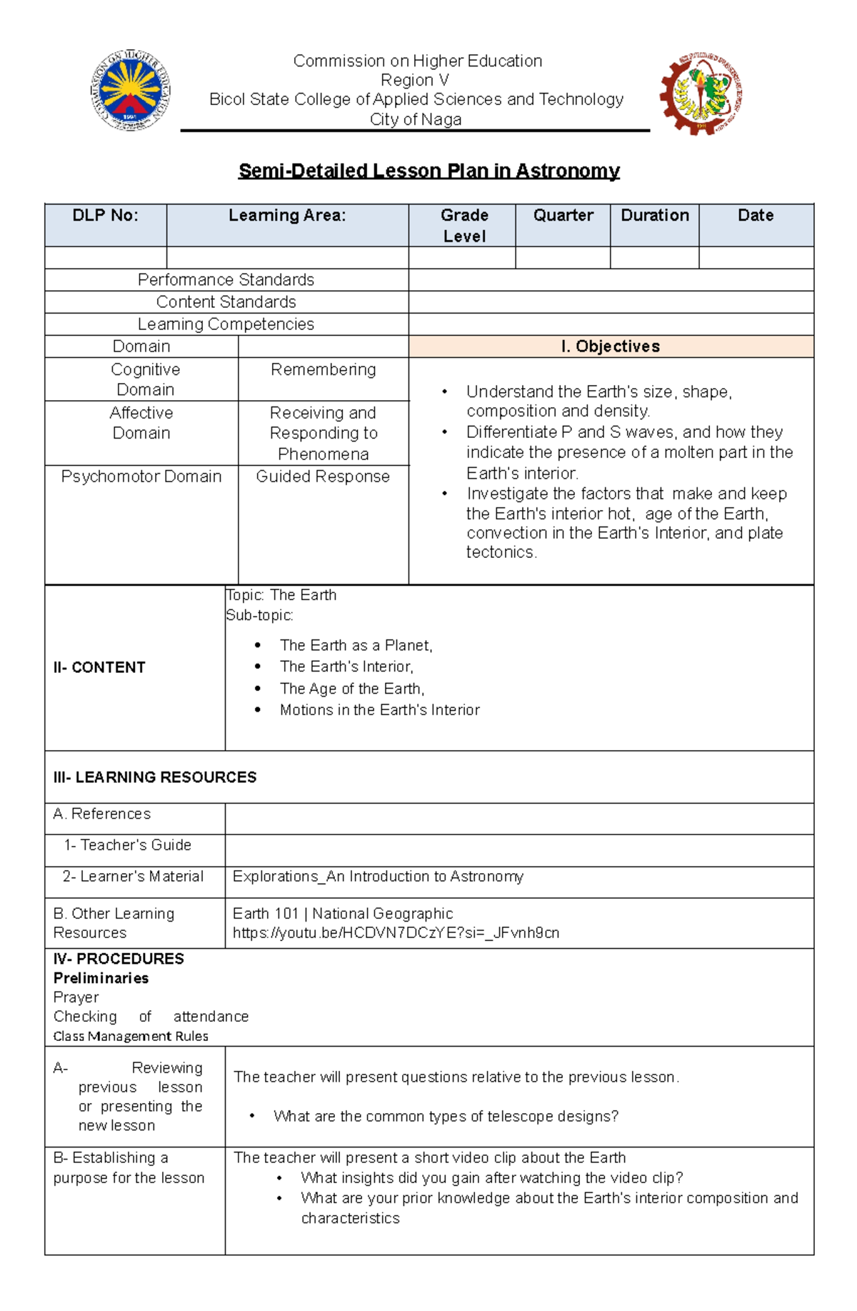 Detailed Lesson Plan for Astronomy: Understanding Earth's Composition ...