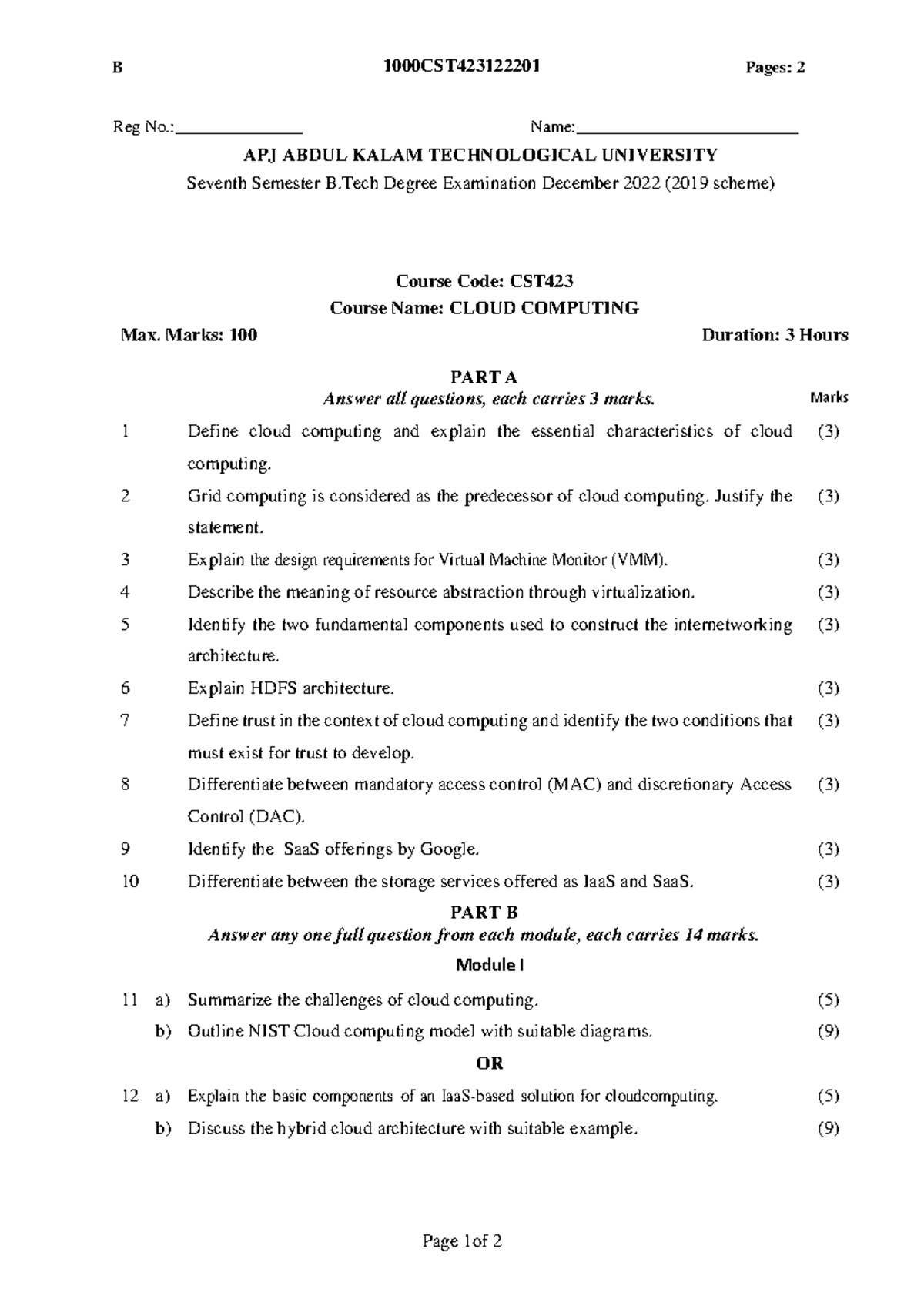 CST423 Final Exam Question Paper - Cloud Computing December 2022 - Studocu
