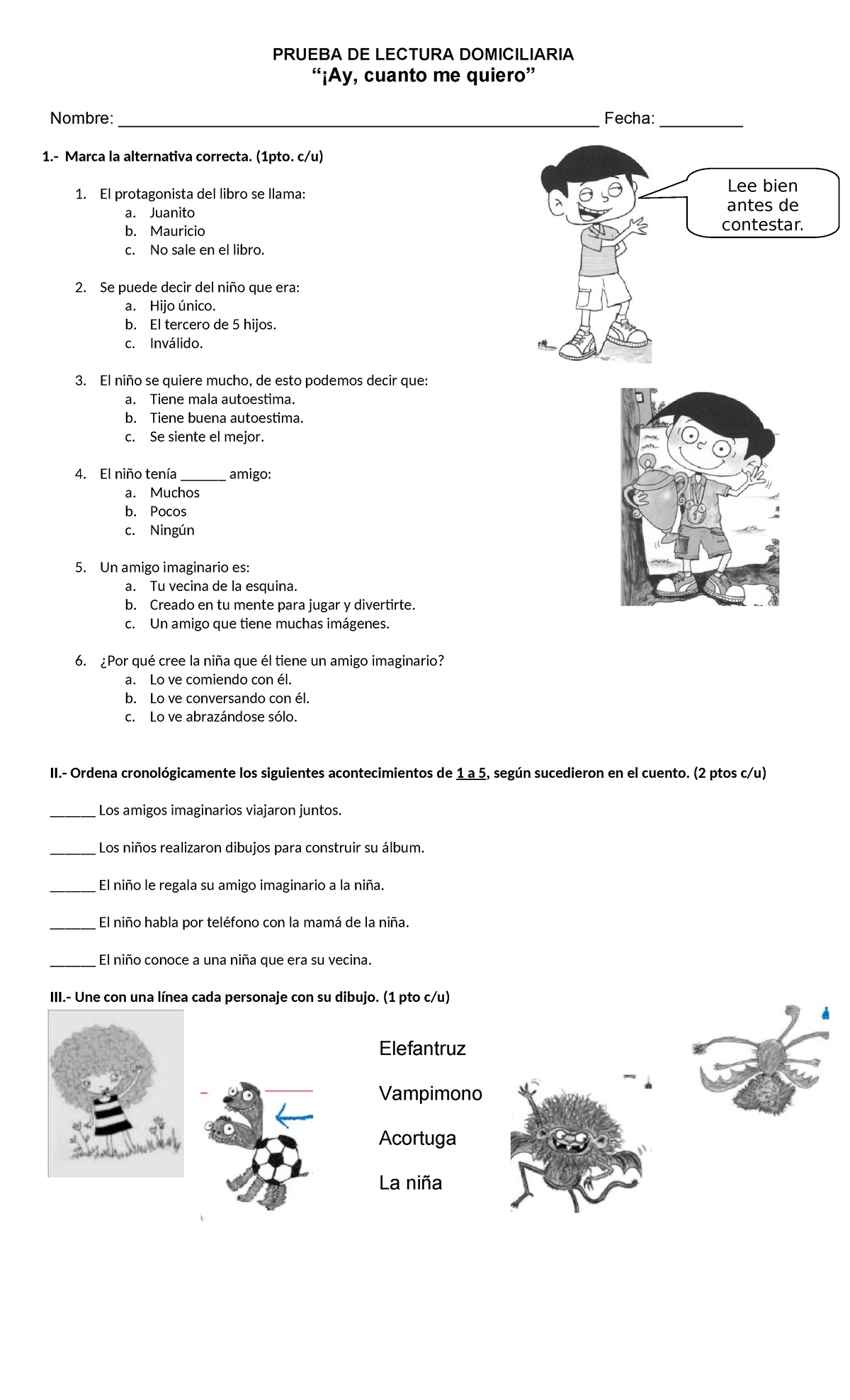 Prueba de Lectura: ¡Ay, Cuánto Me Quiero! - Actividades y Preguntas ...