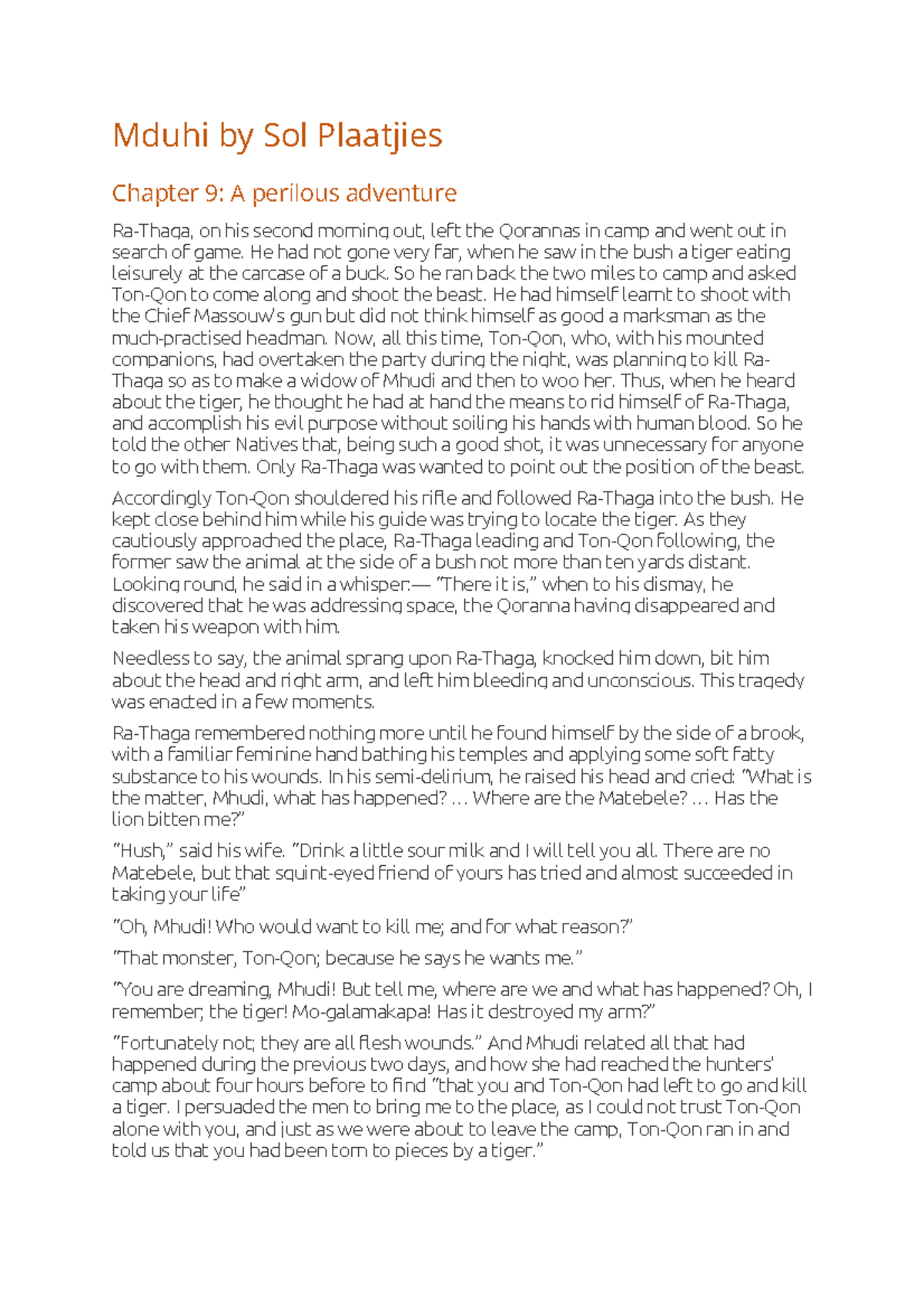 Mhudi by Sol Plaatjies: Chapter 9 - A Perilous Adventure - Studocu