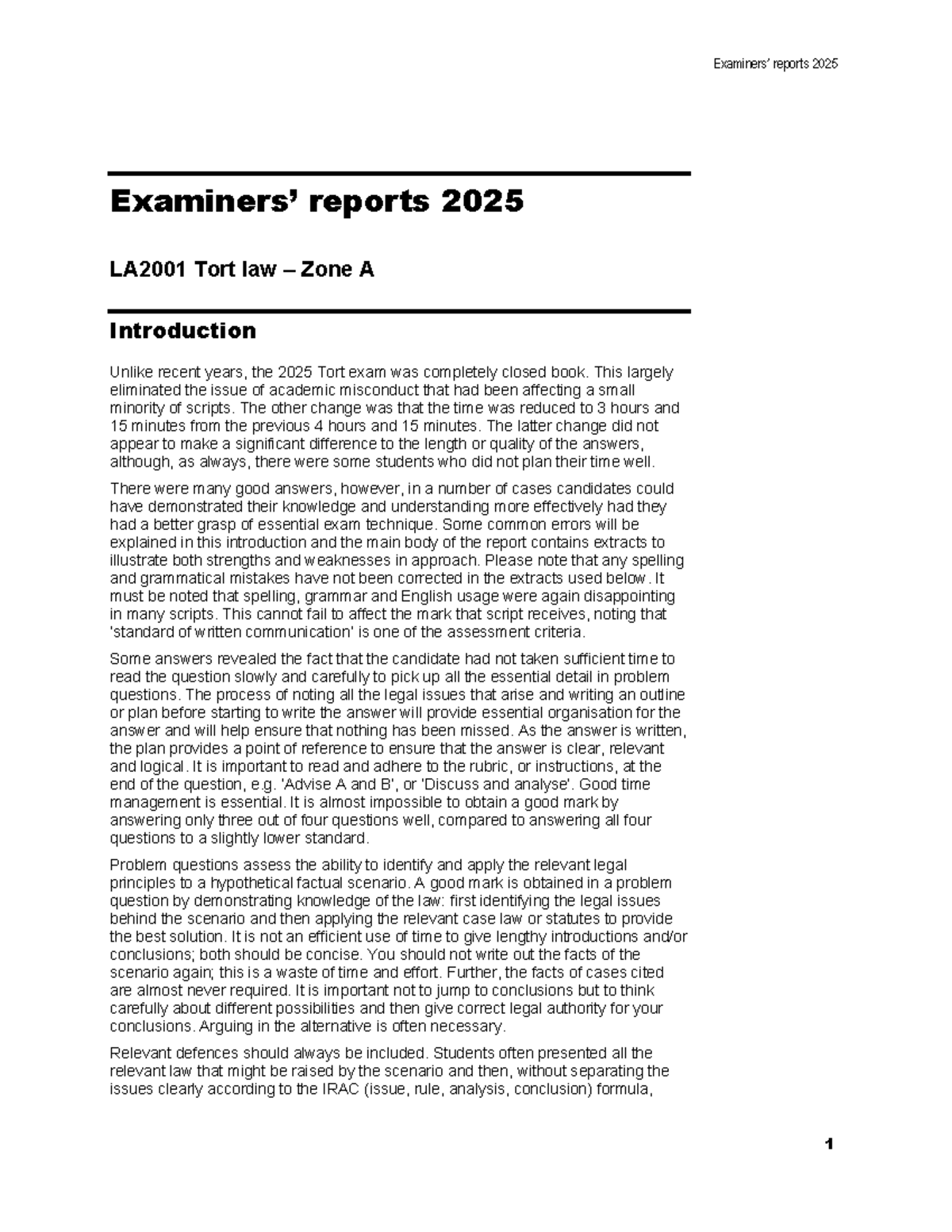 Tort Law Report 2025: Insights and Exam Techniques for LA2001 - Studocu
