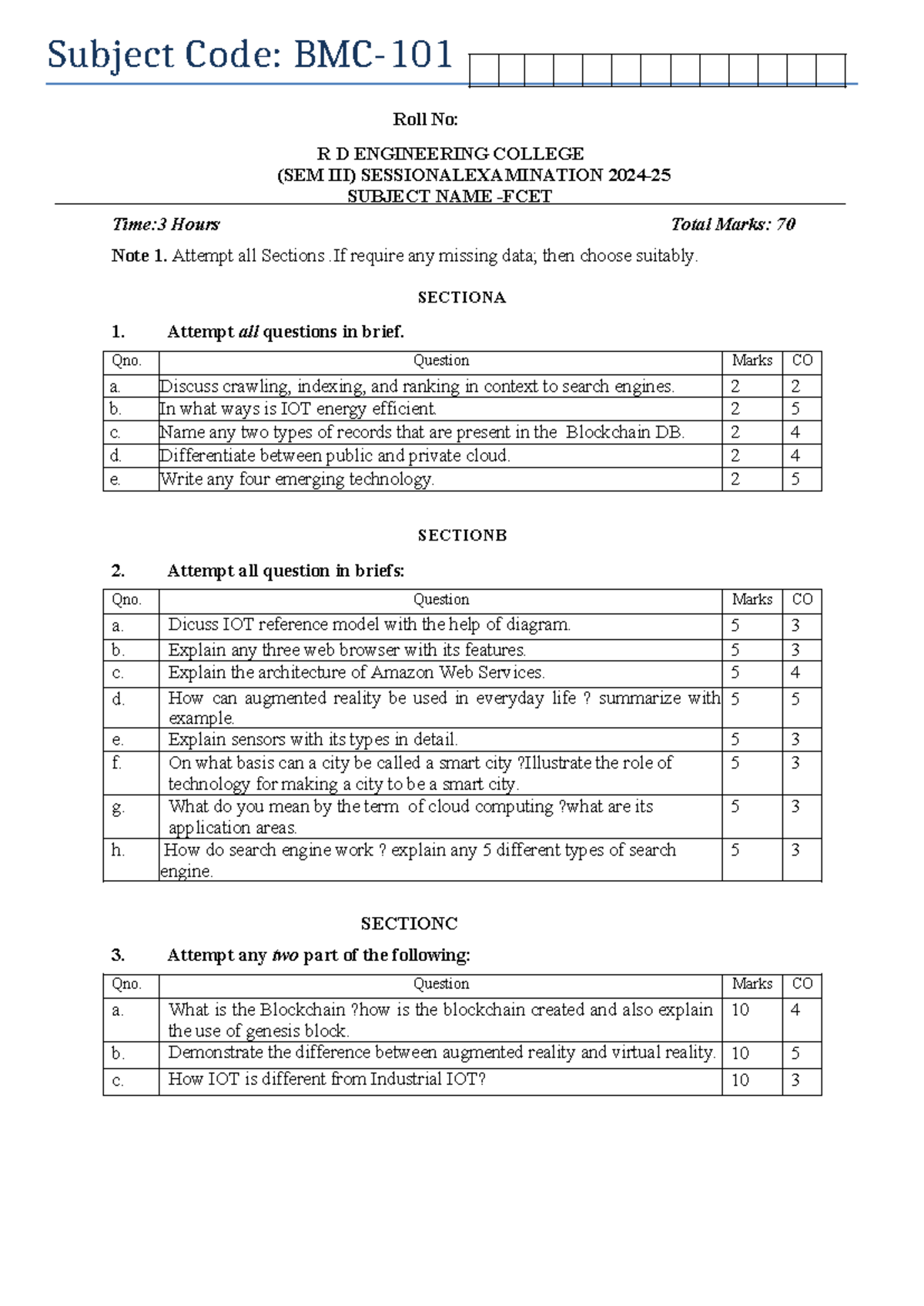 Sessional Question Paper Format Cyber Security ECE ME CE - Subject Code ...