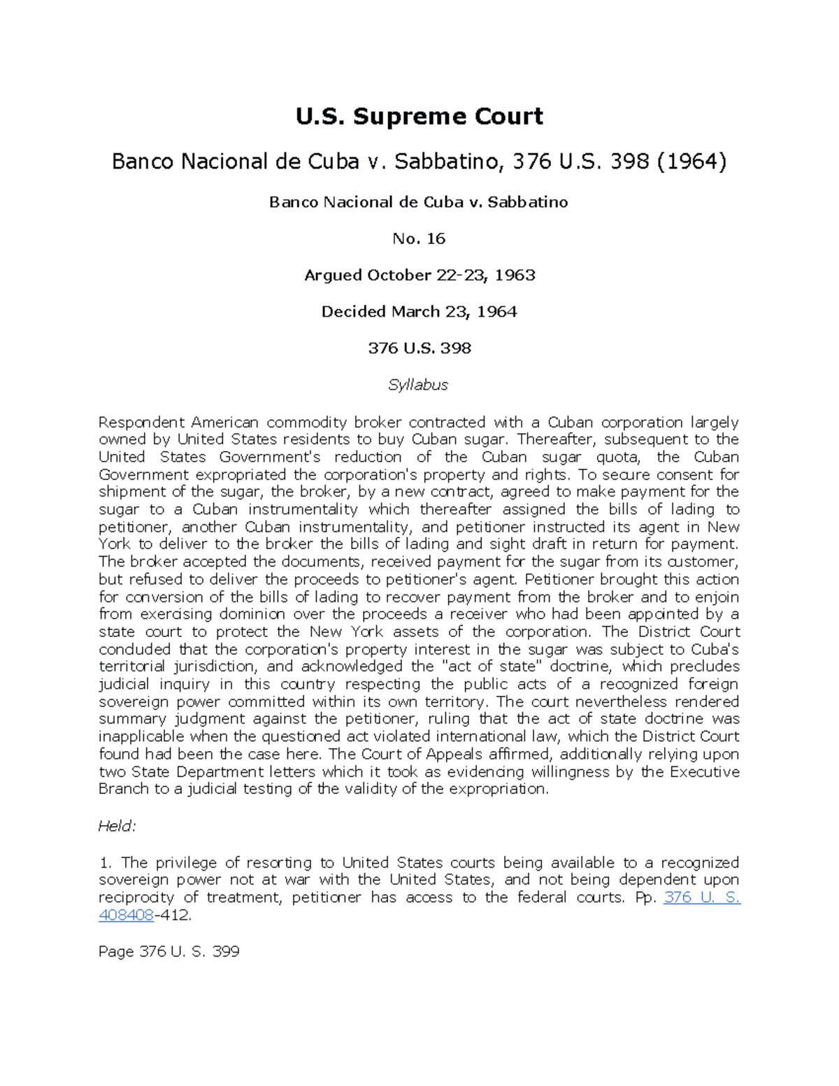 U.S. Supreme Court Case Study: Banco Nacional de Cuba v. Sabbatino ...