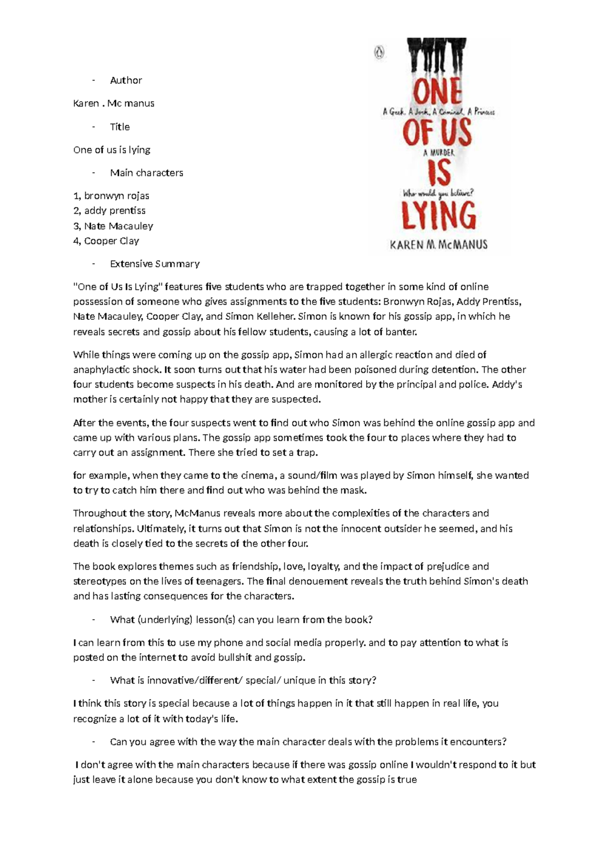Boek Samenvatting: One of Us Is Lying - Karen McManus - Studeersnel