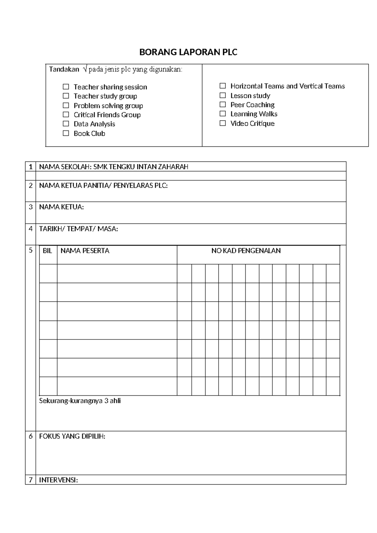 Borang- Laporan-PLC - PLC - BORANG LAPORAN PLC Tandakan √ pada jenis plc yang digunakan: Teacher ...
