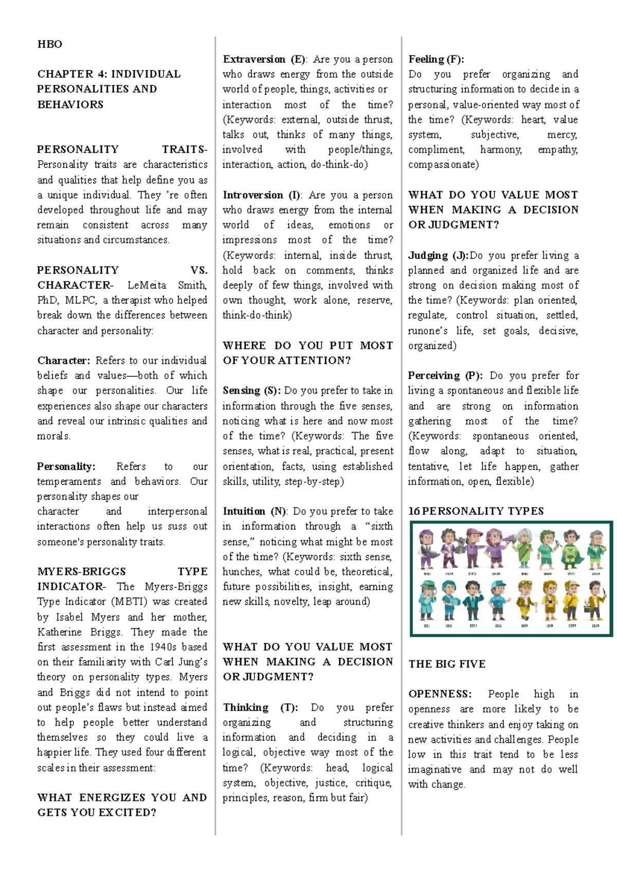HBO - lecture notes for week 4-5 - HBO CHAPTER 4: INDIVIDUAL ...
