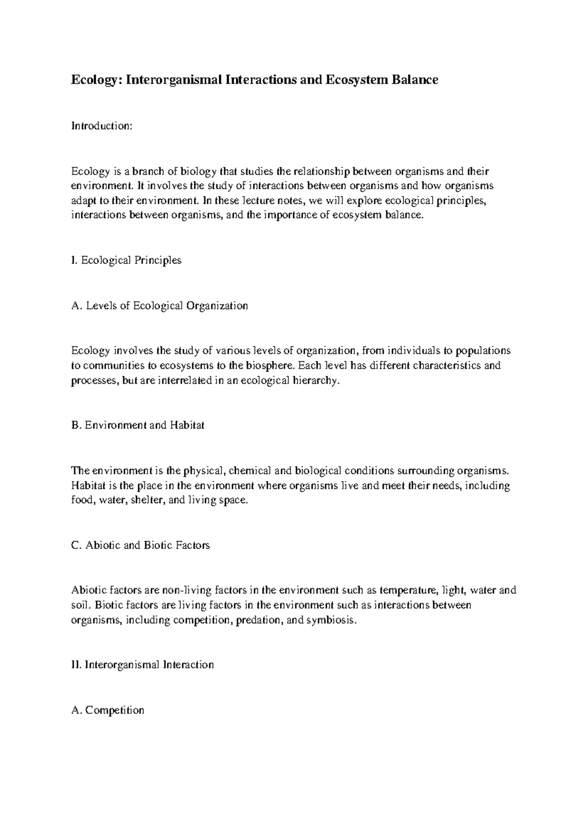 Ecology Lecture Notes - Interorganismal Interactions & Ecosystem ...