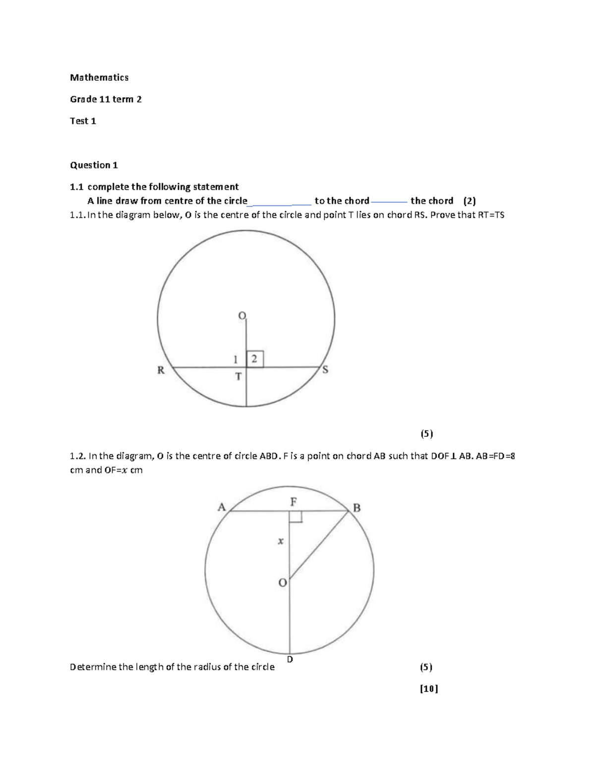 Mathematics Grade 11 Term 2 Test 1 Questions and Solutions - Studocu