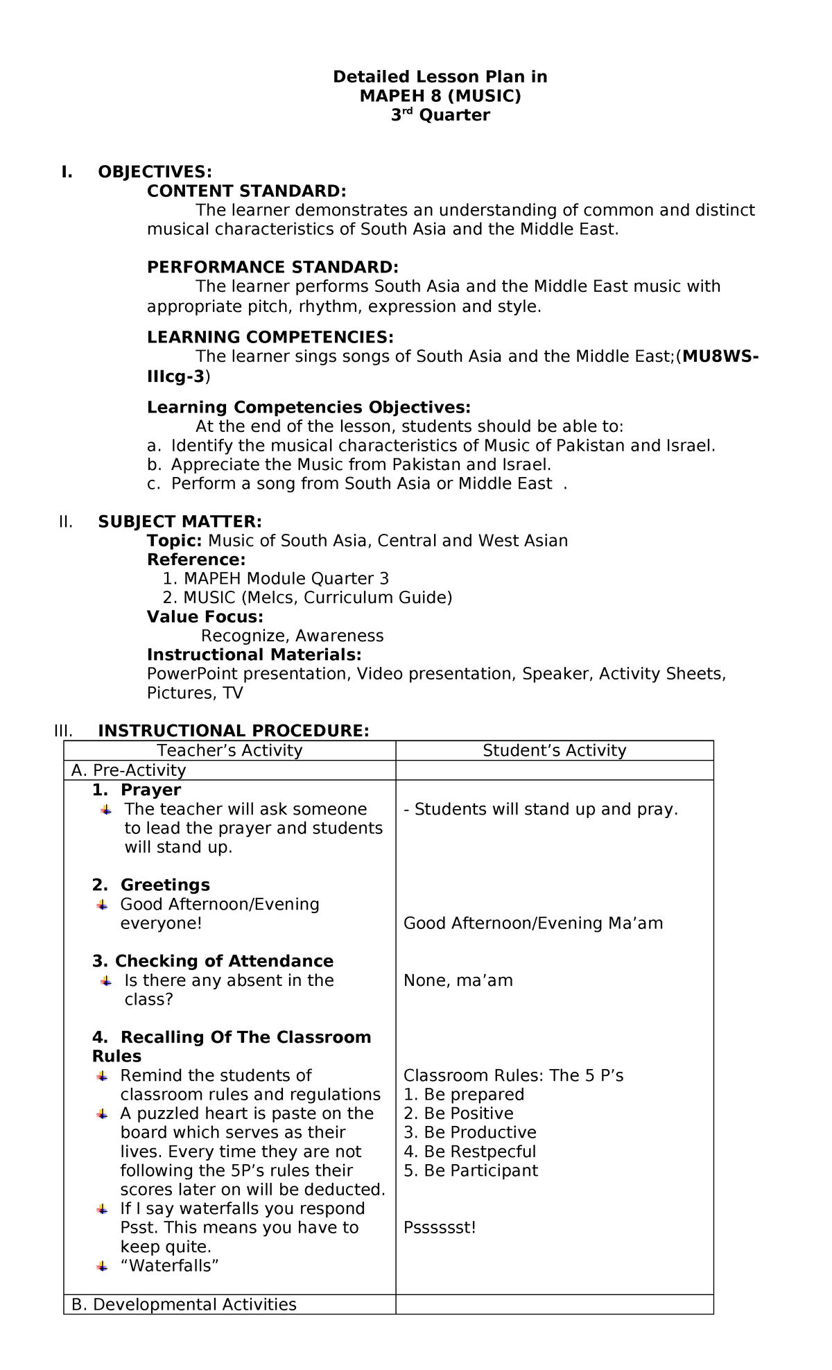 MAPEH 8 Music Lesson Plan: 3rd Quarter Focus on South Asia & Israel ...