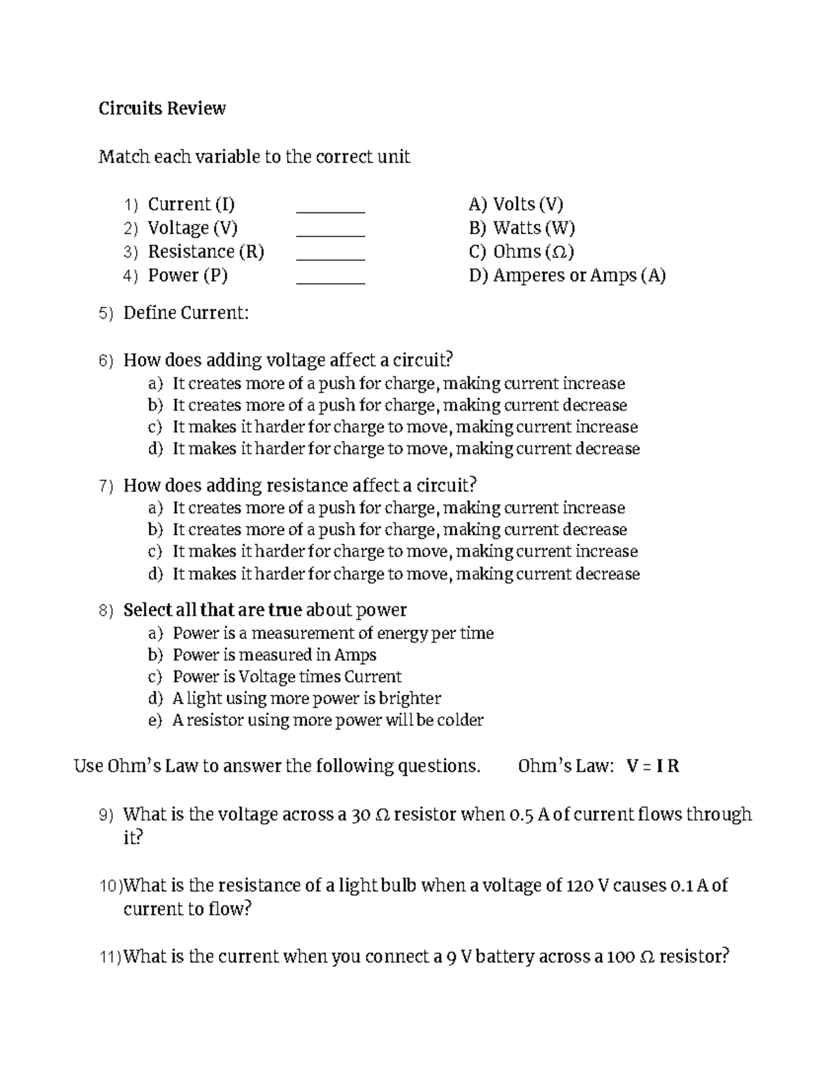 Circuits Review Practice Questions for Exam Preparation (Course Code ...