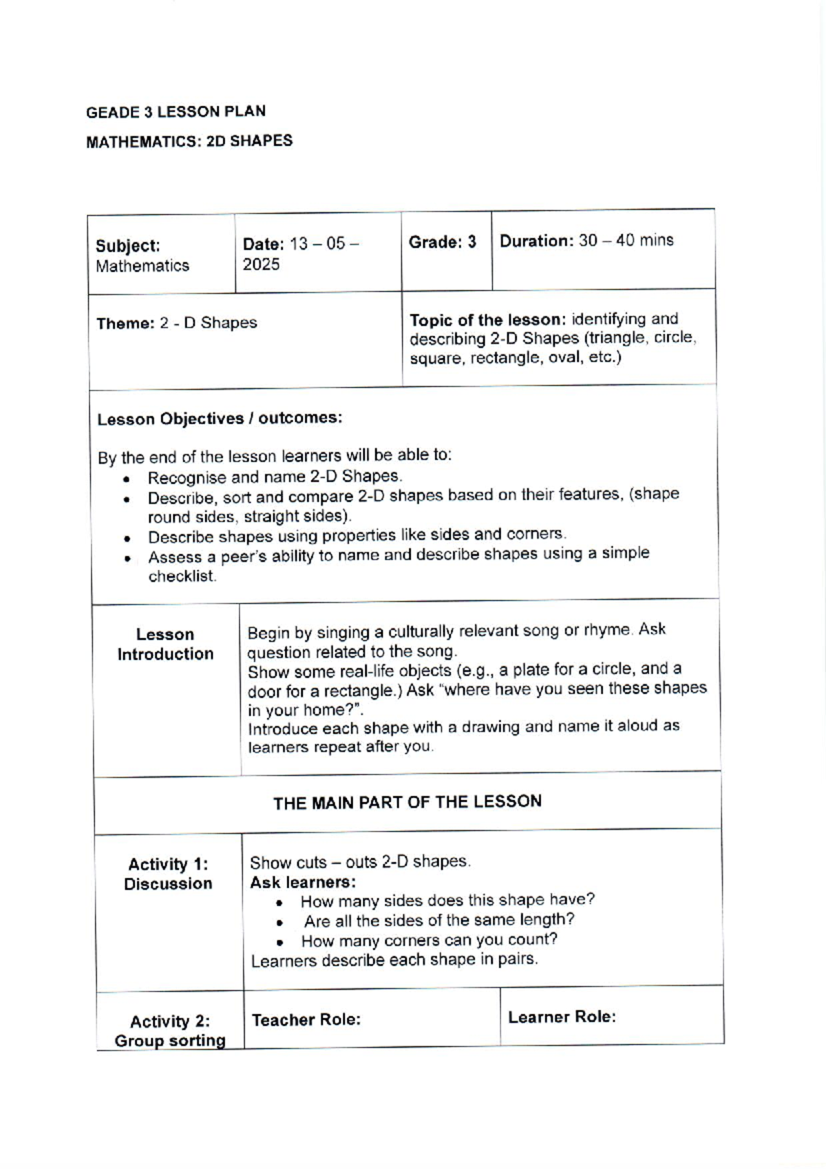 GEADE 3 LESSON PLAN: Identifying 2D Shapes in Mathematics - Studocu