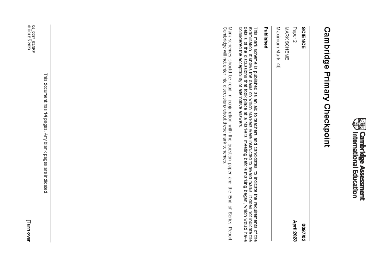 Cambridge Primary Checkpoint SCIENCE Paper 2 Mark Scheme - April 2023 ...