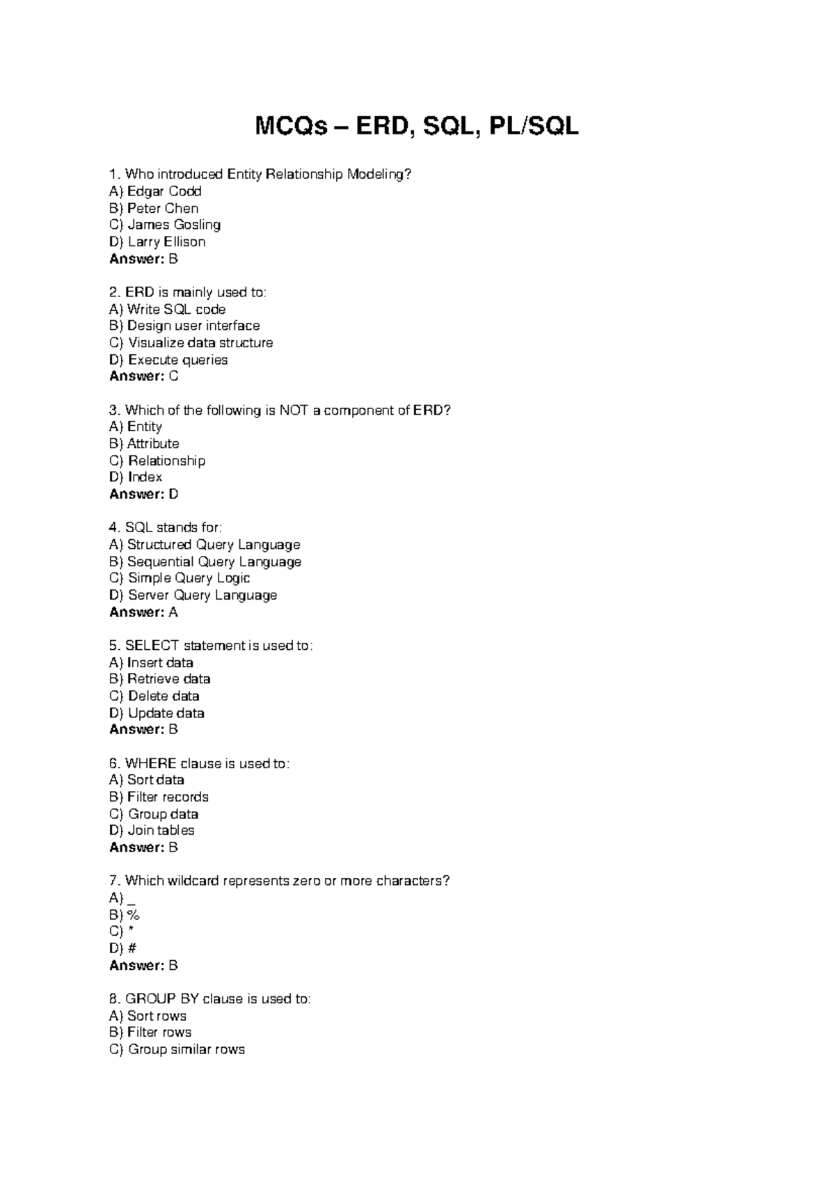 MCQs on ERD & SQL Concepts for Database Modeling - Studocu