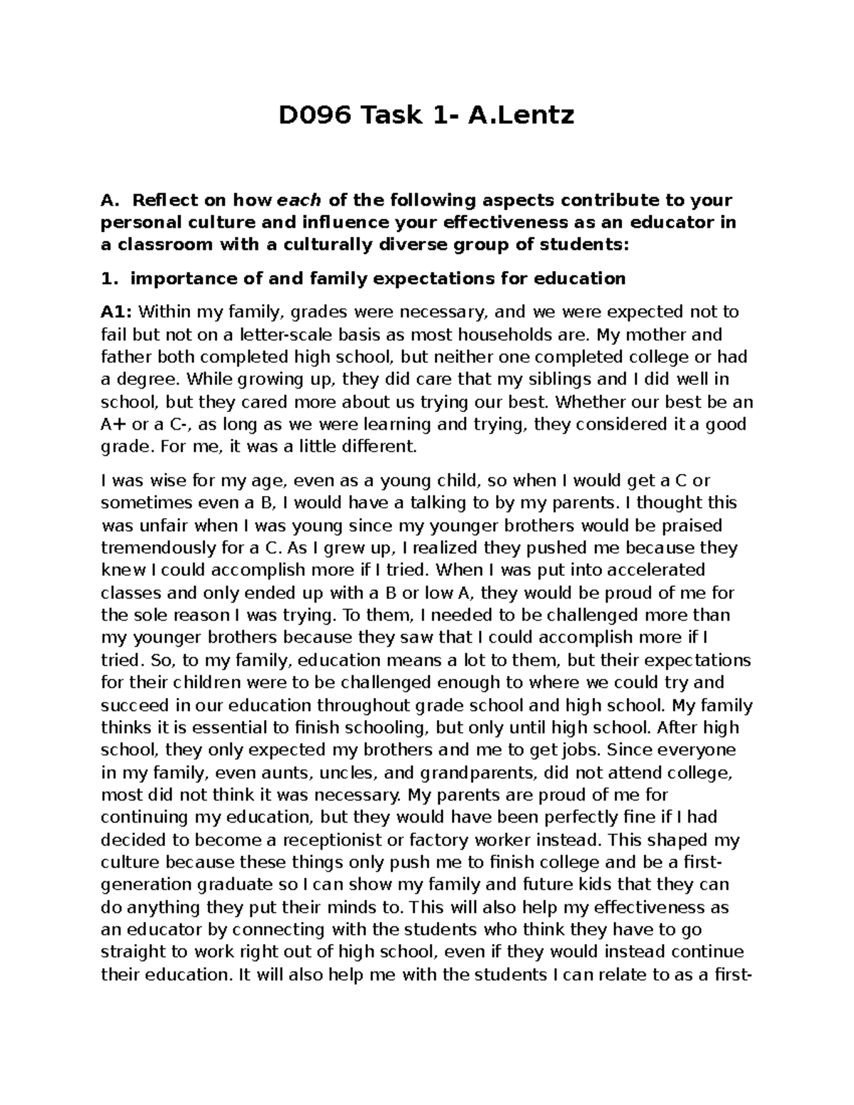 D096- Task 1 - Passed on first attempt - D096 Task 1- A A. Reflect on ...