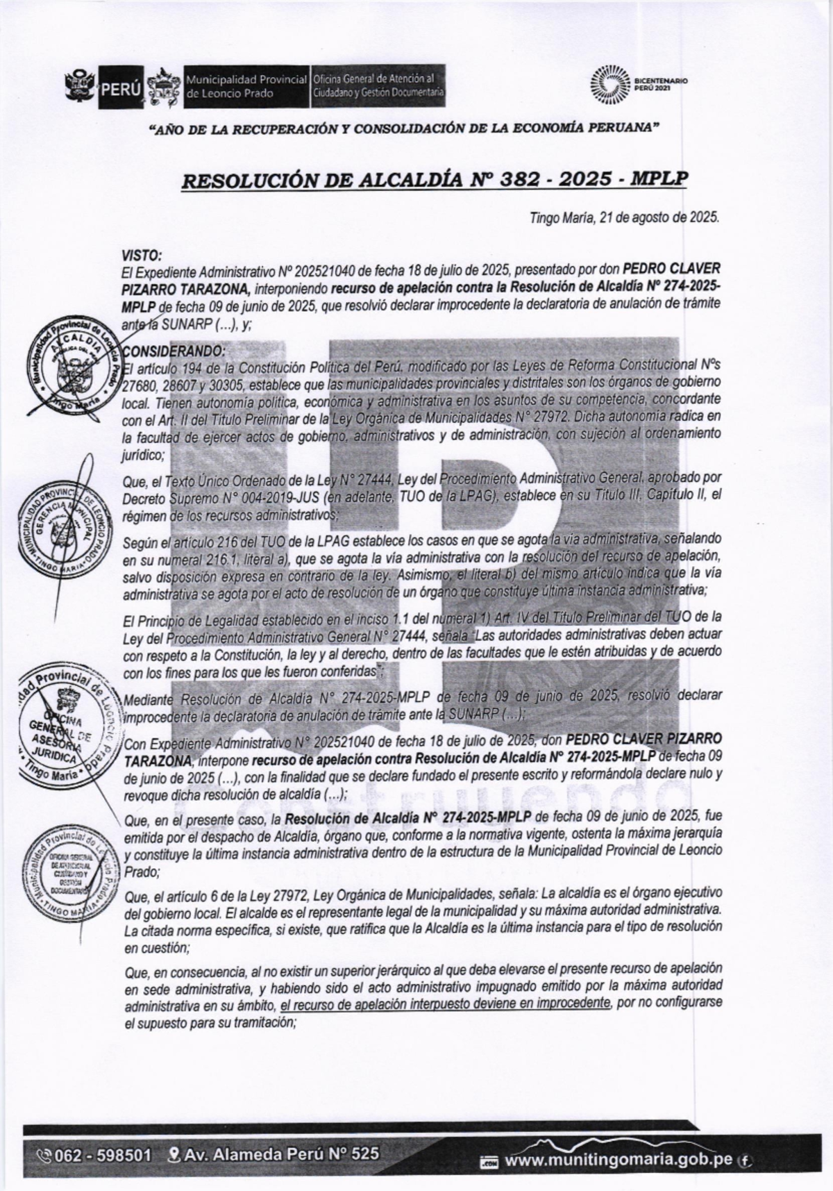 Resolución de Alcaldía N°382-2025-MPLP sobre Recurso de Apelación - Studocu