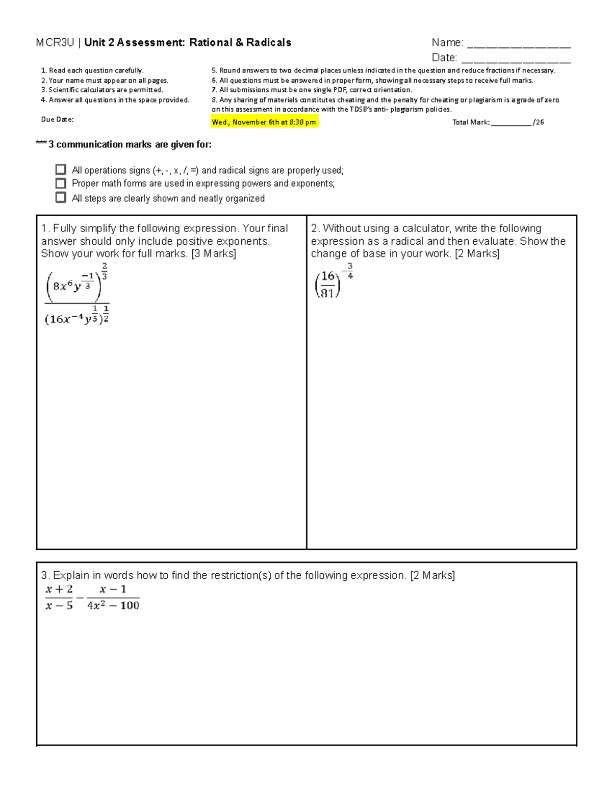 MCR3U Unit 2 Assessment: Rational Radicals Guidelines and Instructions ...