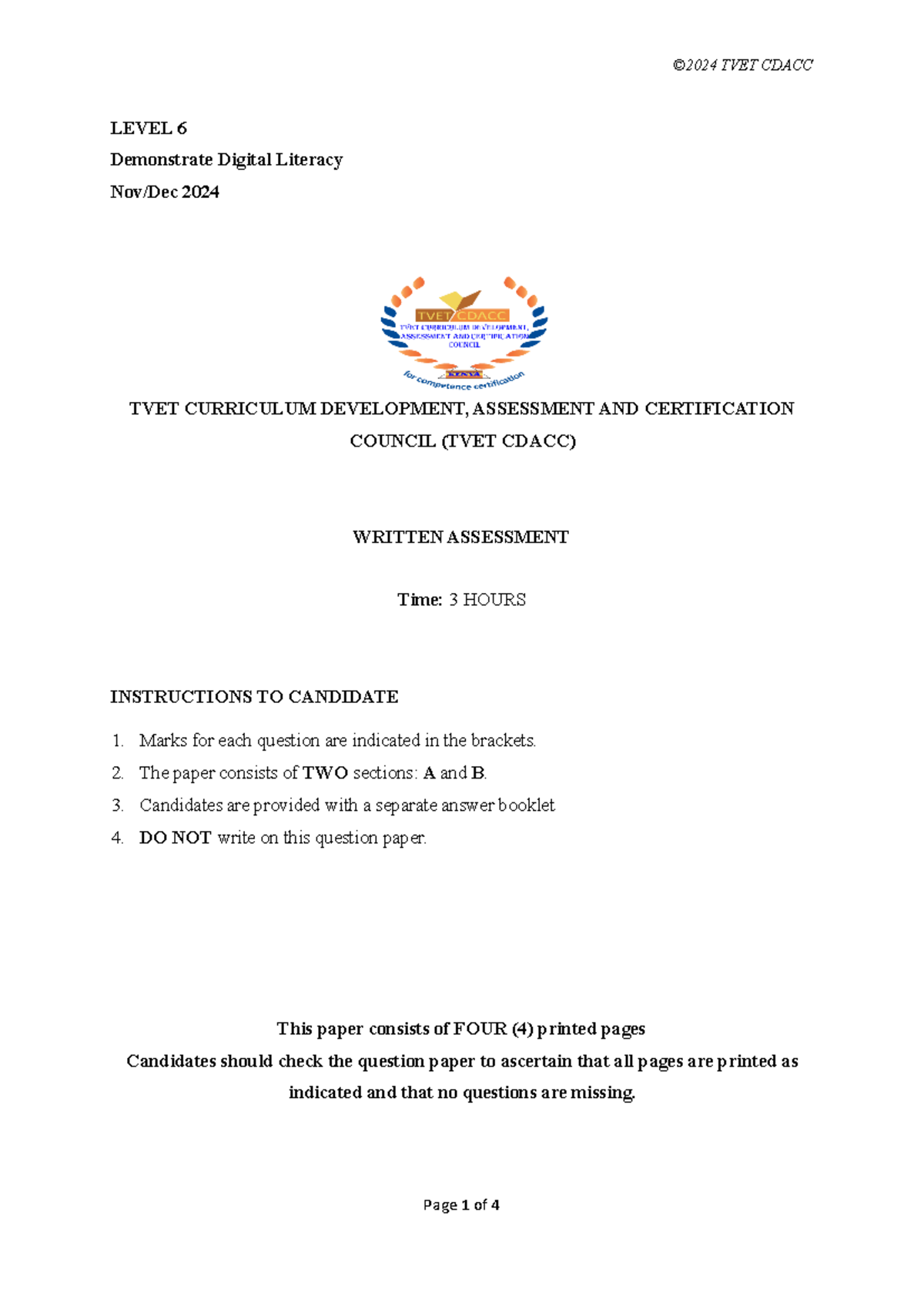 Digital Literacy Assessment Guide - Level 6 - Nov/Dec 2024 - Studocu