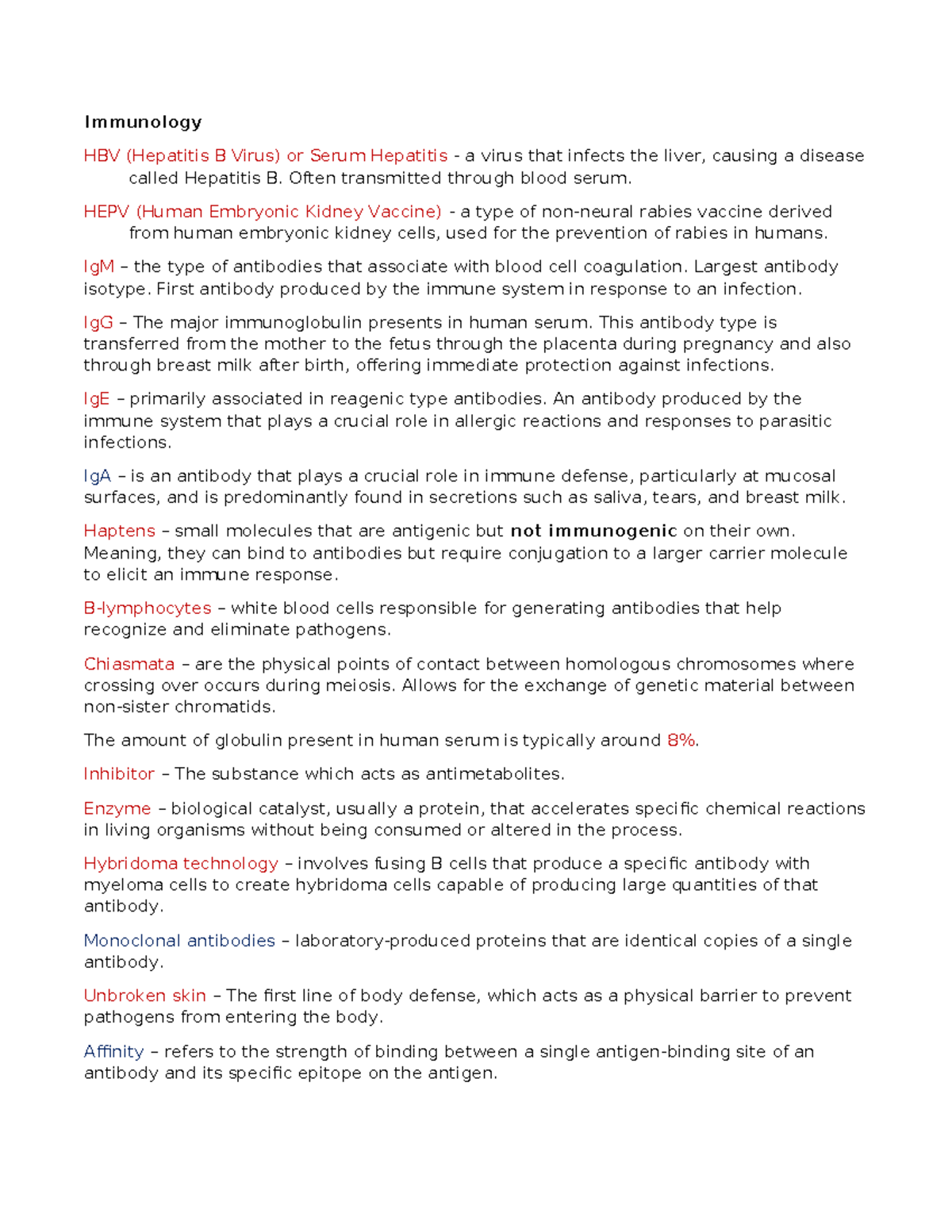 Immunology Lecture Notes: HBV, Antibodies, and Immune Responses - Studocu