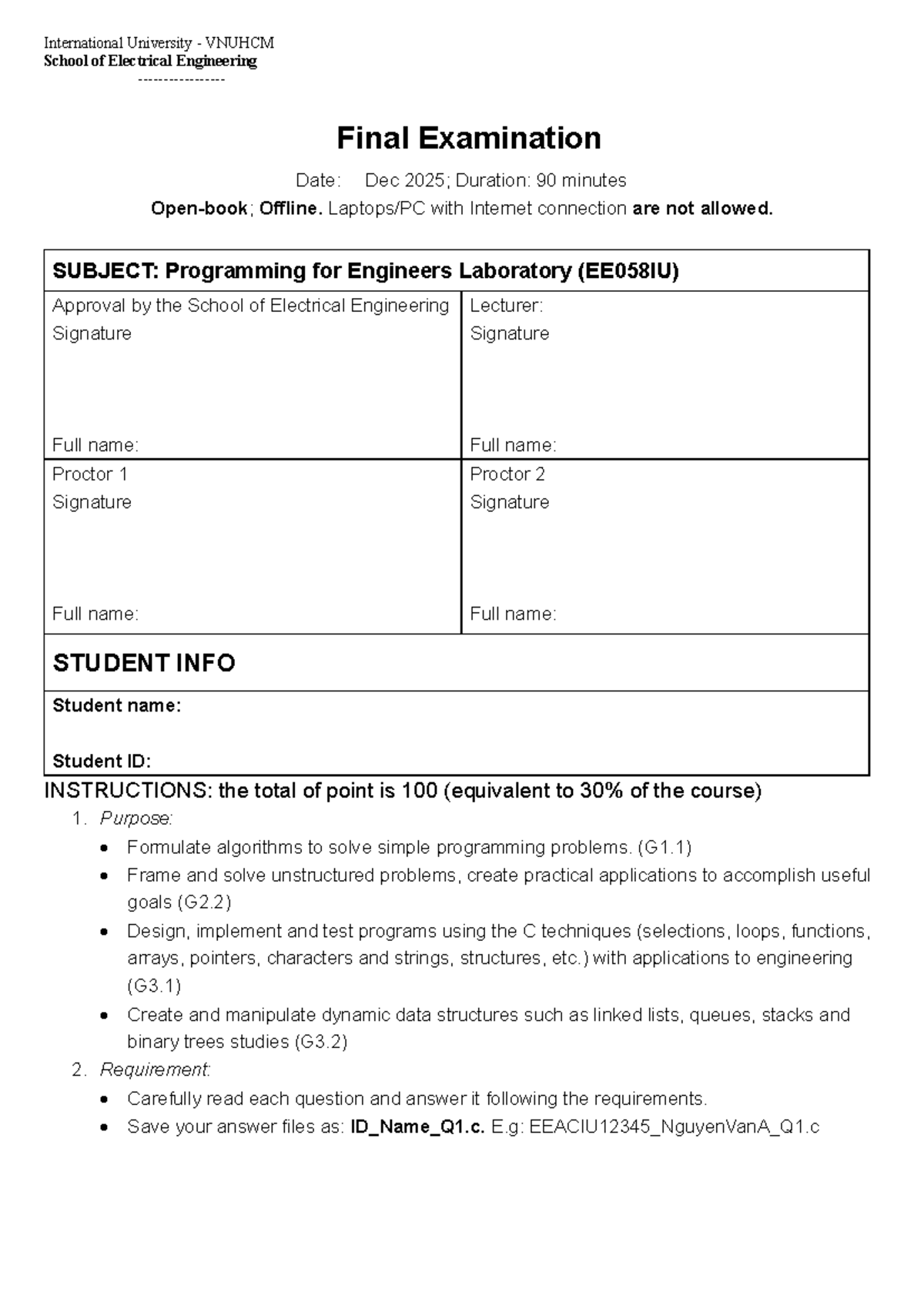 EE058IU Programming for Engineers Lab Final Exam Guide - Studocu